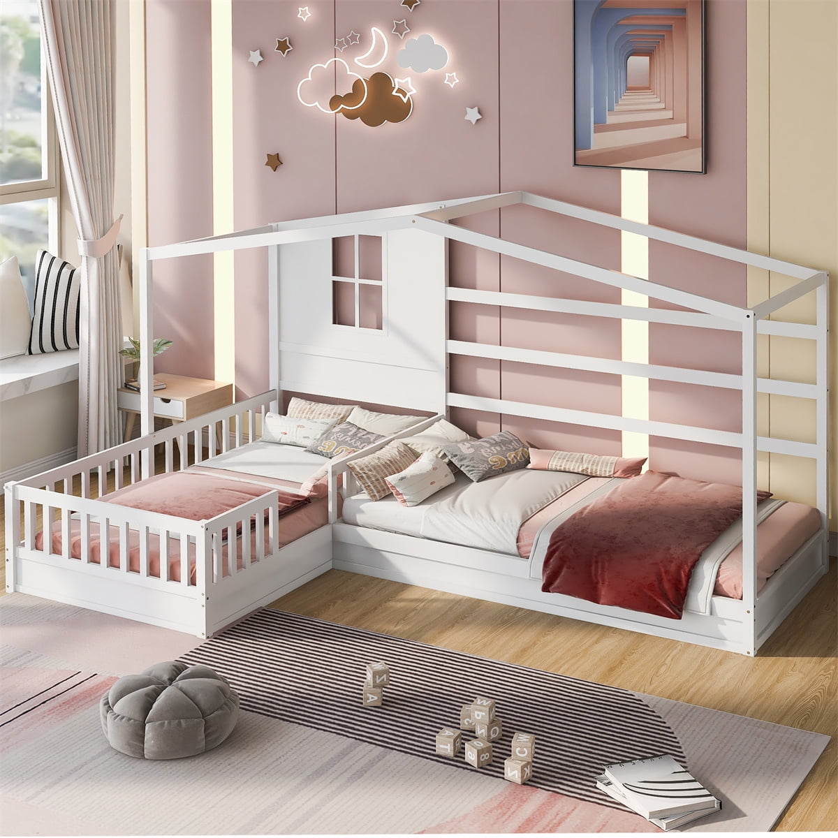 Twin Size L-Shaped Wood House Bed with Roof and Window,2 Twin Corner ... Twin Size L-Shaped Wood House Bed with Roof and Window,2 Twin Corner ...