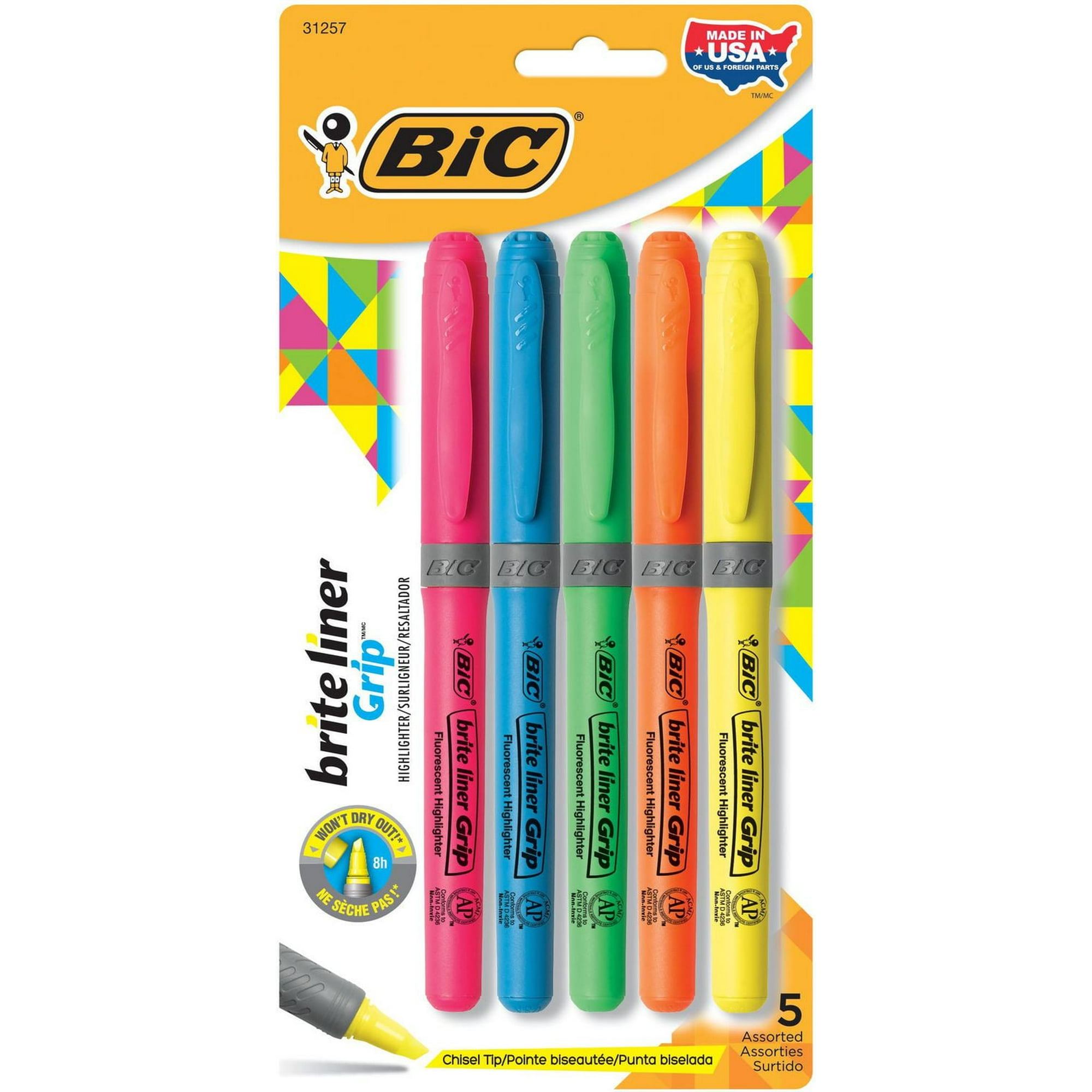BIC Brite Liner Grip Highlighter with Chisel Tip - 5 per Set Fluorescent Colors