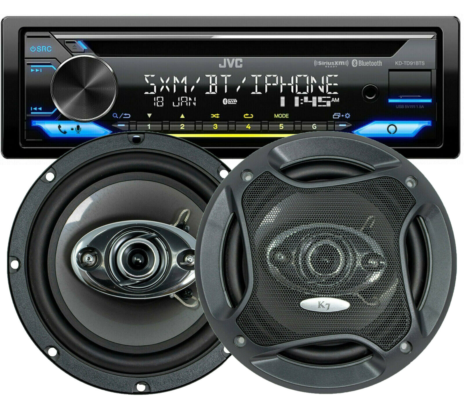 JVC KD-TD91BTS 1-DIN Bluetooth CD Receiver + 2x Audiotek K65.4 Car 6.5" Speakers Bundle ...
