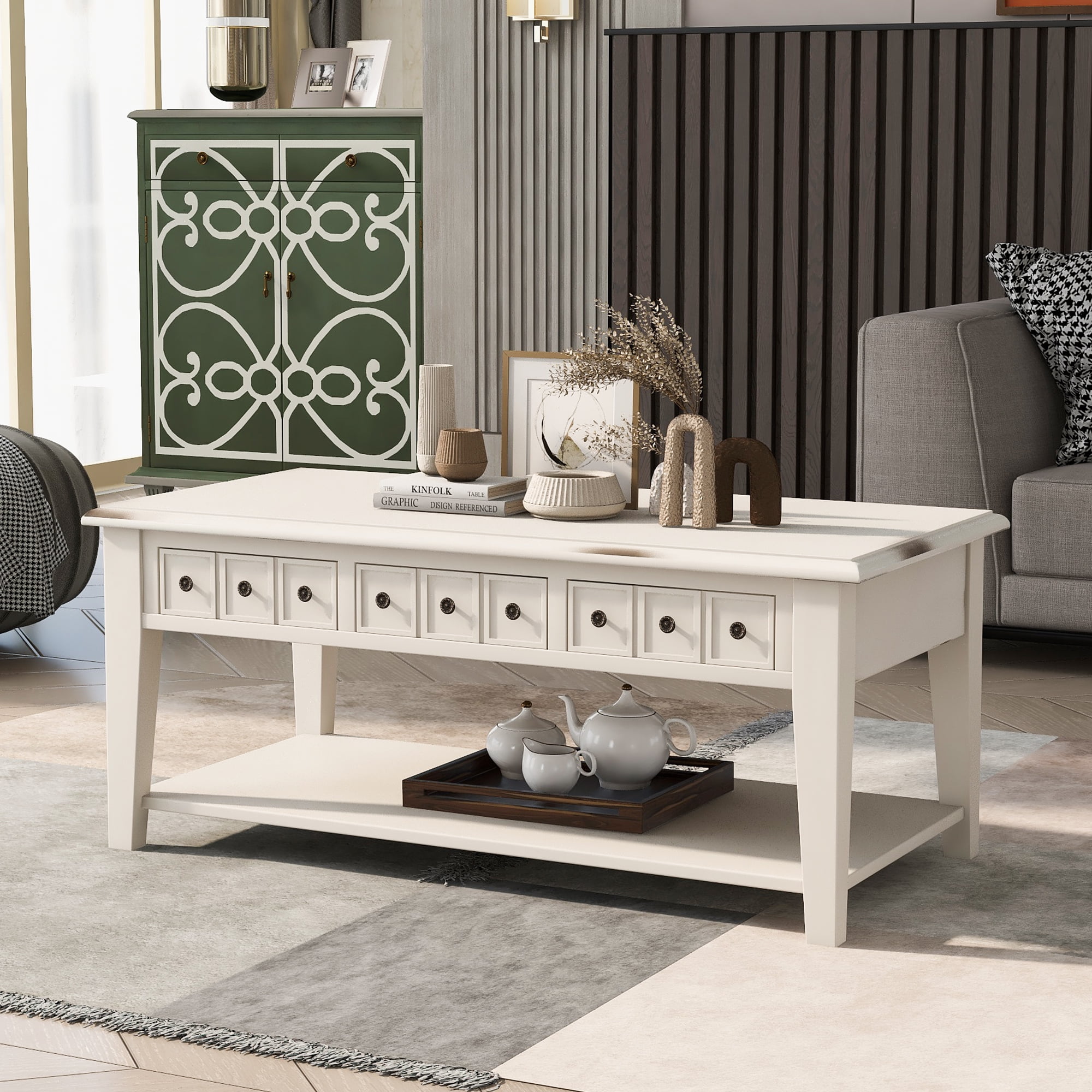 Coffee Table with Storage Drawers and Shelves, Wood Dining Table with ...