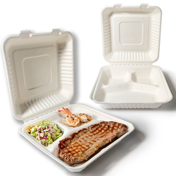 Disposable Clamshell Takeout Containers- Sugarcane Fiber Lunch Box - 3 ...
