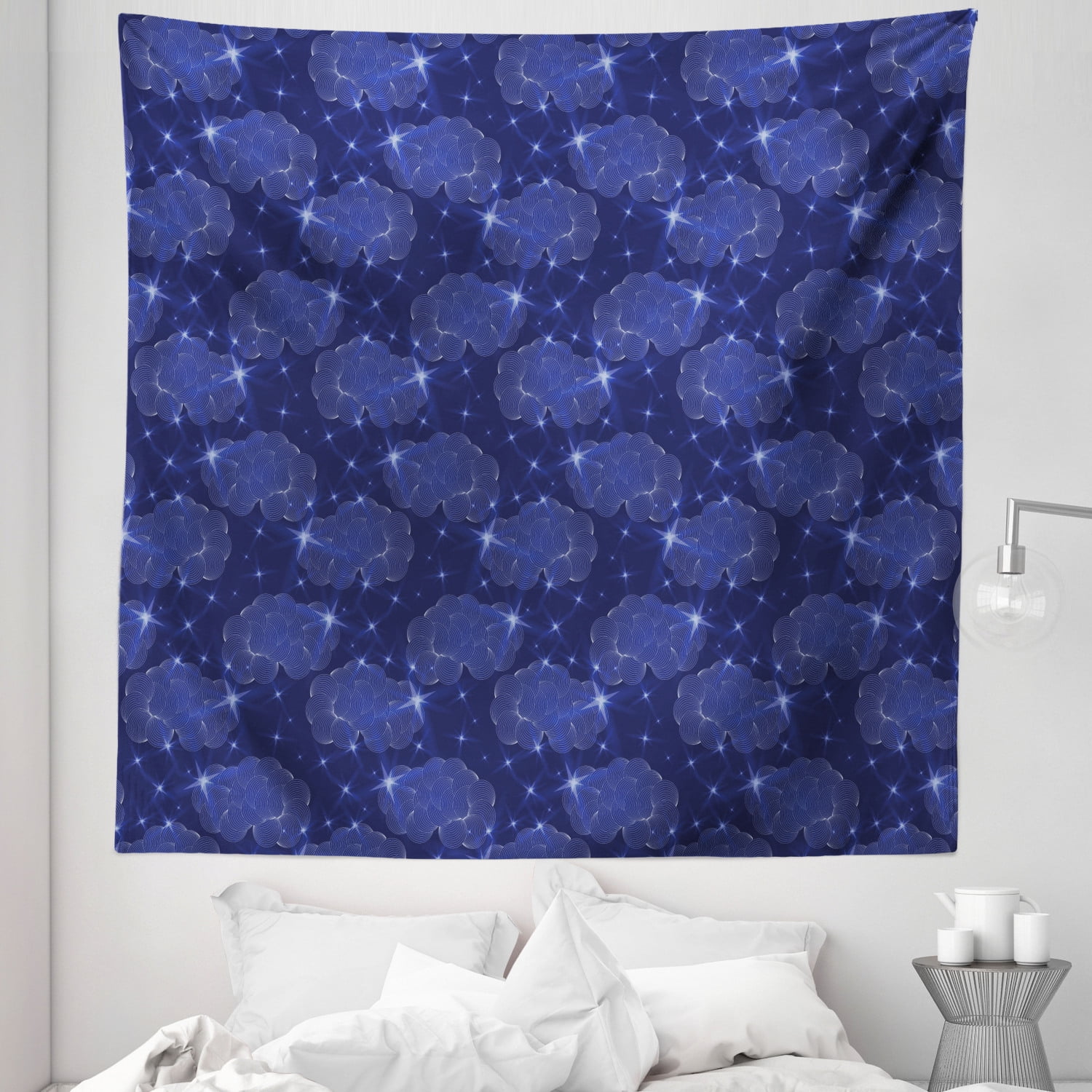 Blue Sky Tapestry, Continuous Stripes Zentangle Clouds Shapes Stars ...