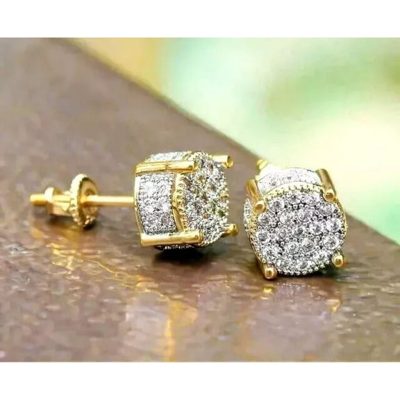 Flower Shape Halo Stud Earrings 14K Yellow Gold Plated Silver 2Ct Round ...