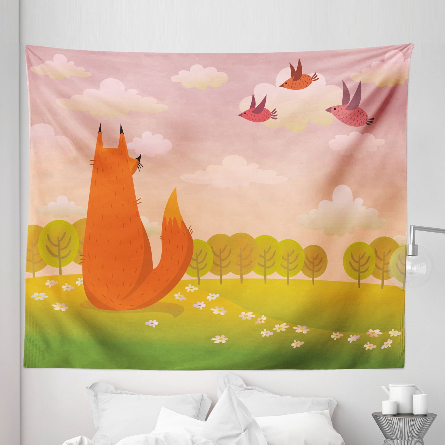 Cartoon Tapestry, Animal Fox Wildlife in Valley Farm Sunset with Birds ...