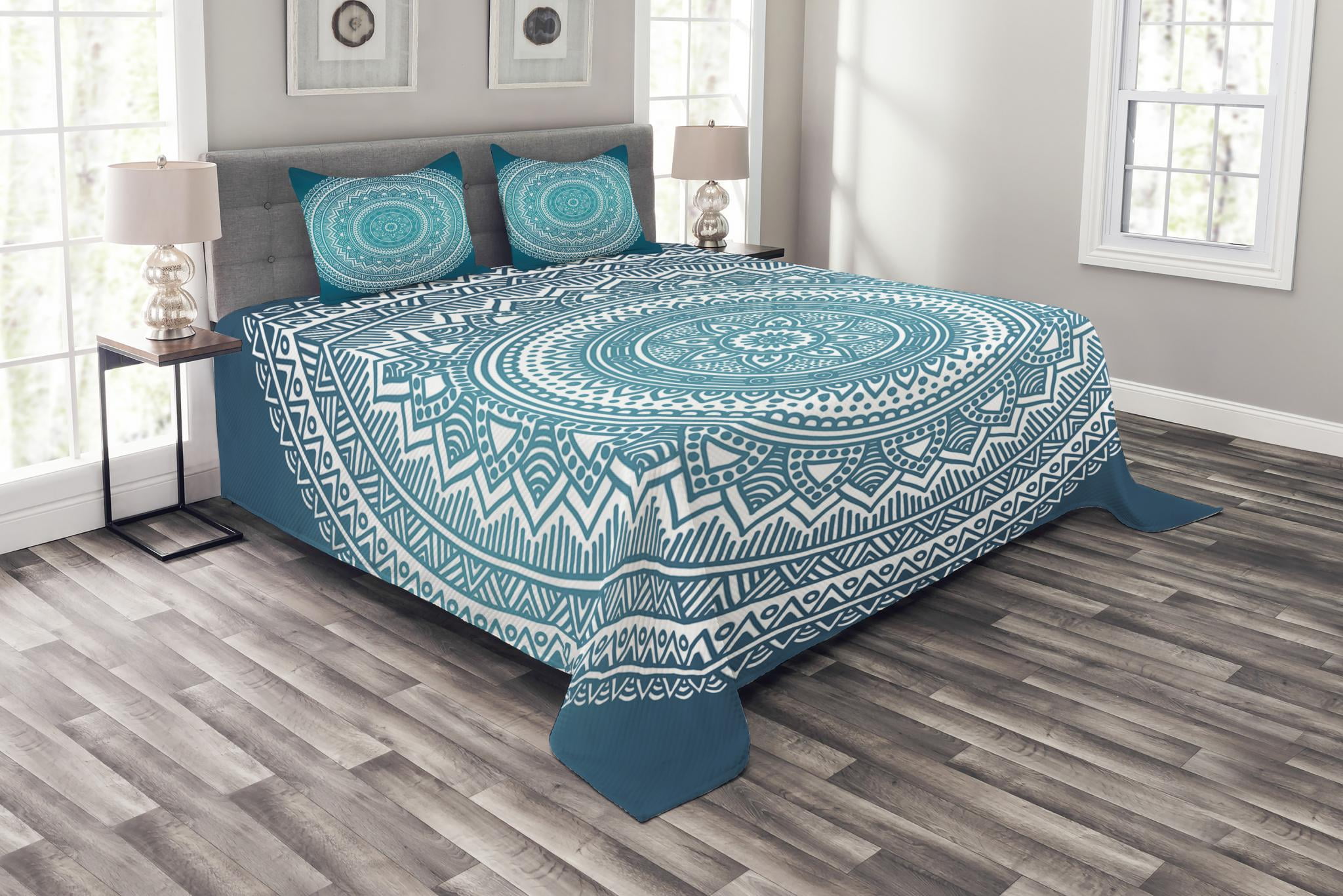 Turquoise Ombre Bedspread Set King Size, Mandala Medallion Starry ...