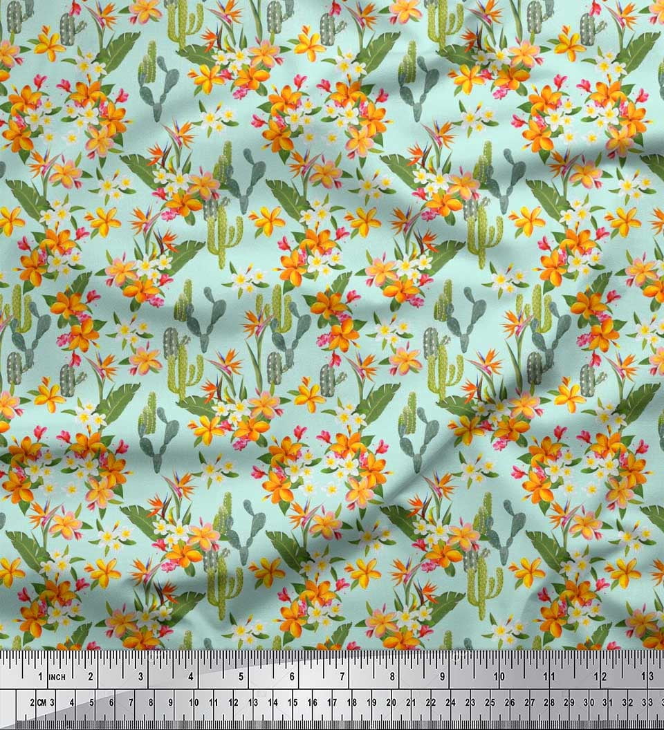 Soimoi Cotton Duck Fabric Cactus,Leaves & Tropical Flower Floral Print ...