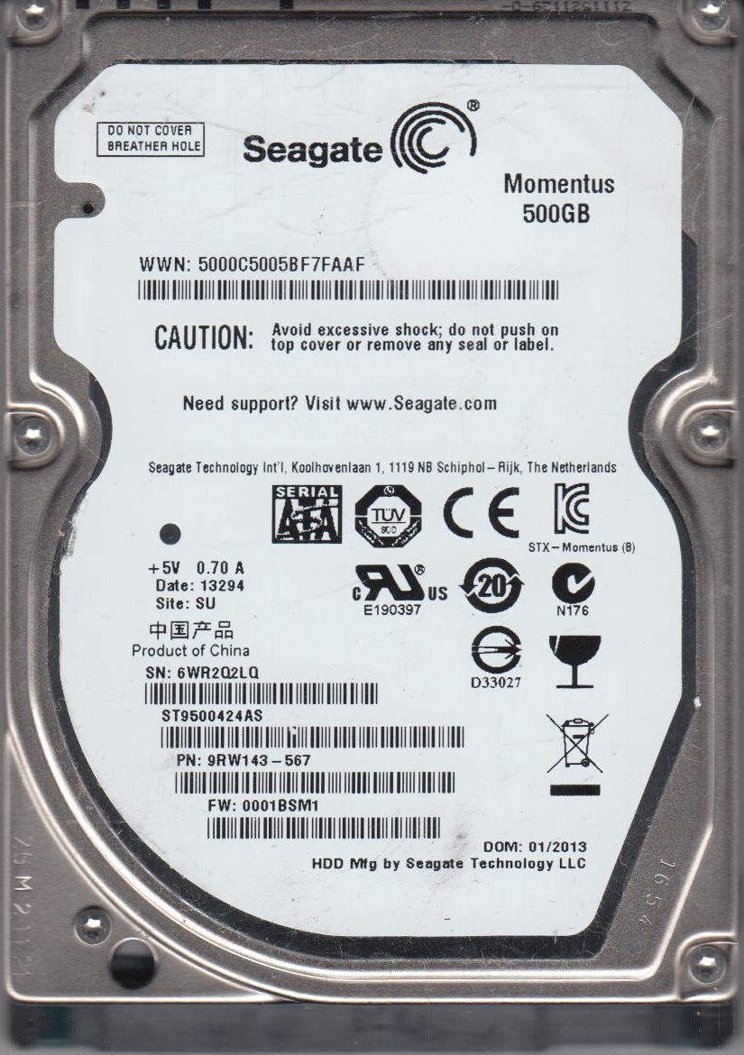 ST9500424AS, 6WR, SU, PN 9RW143-567, FW 0001BSM1, Seagate 500GB SATA 2. ...