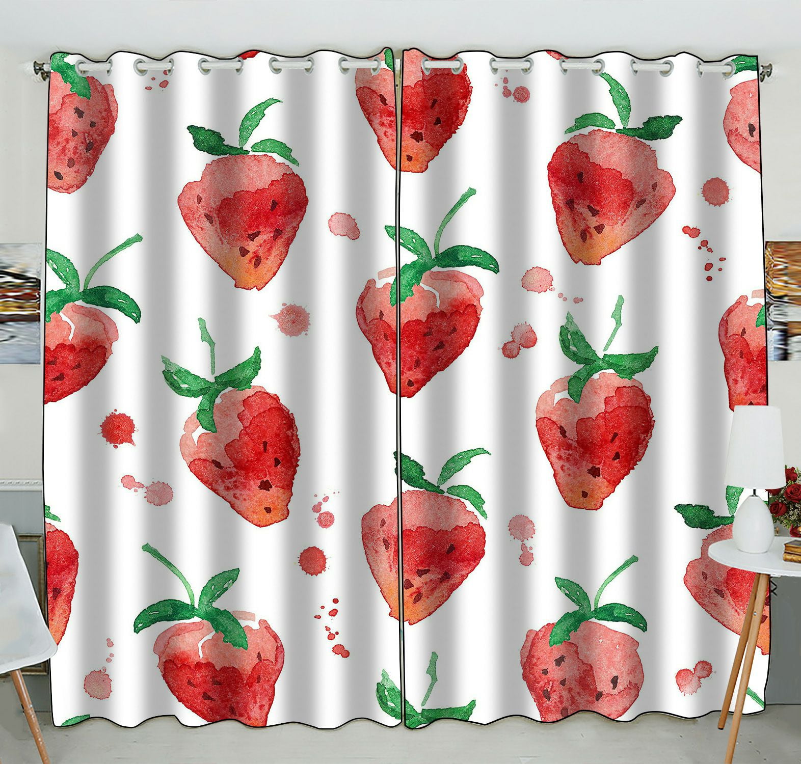 ABPHQTO Watercolor Strawberry Pattern Window Curtain Kitchen Curtain ...