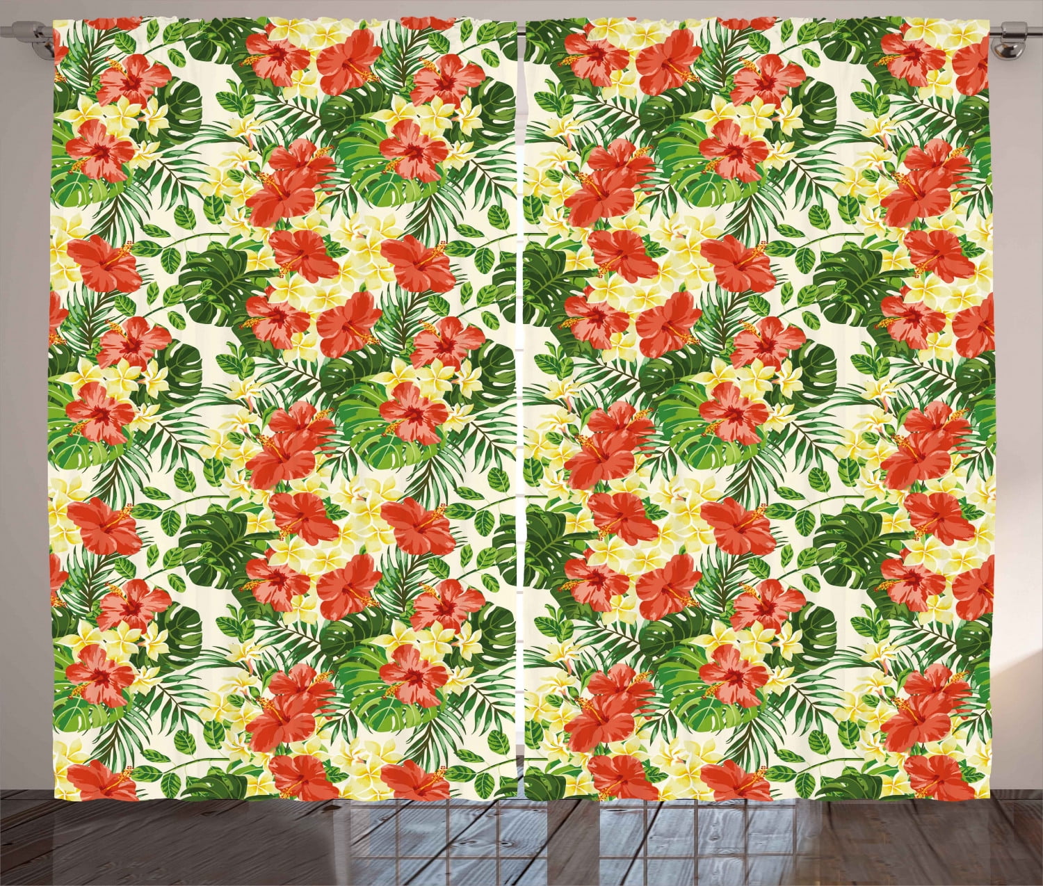 Tropical Curtains 2 Panels Set Exotic Pattern With Plumeria Hibiscus