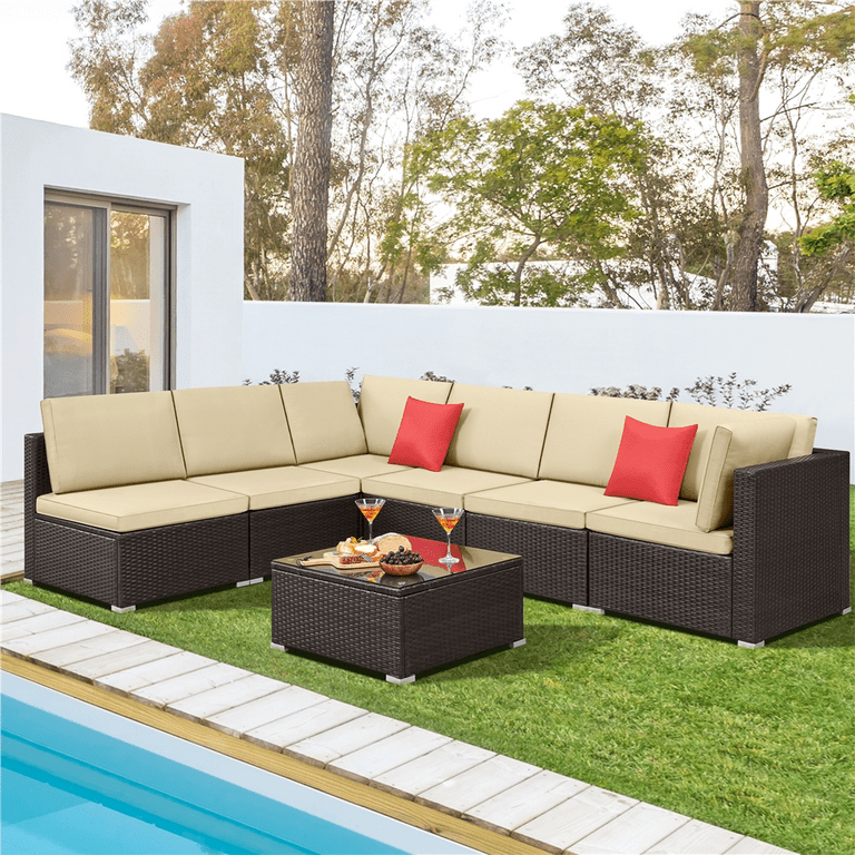 Alden Design 7 Piece Wicker Rattan Patio Set Outdoor Sofa with Cushions Brown Size 107x53.5x29 LxWxH