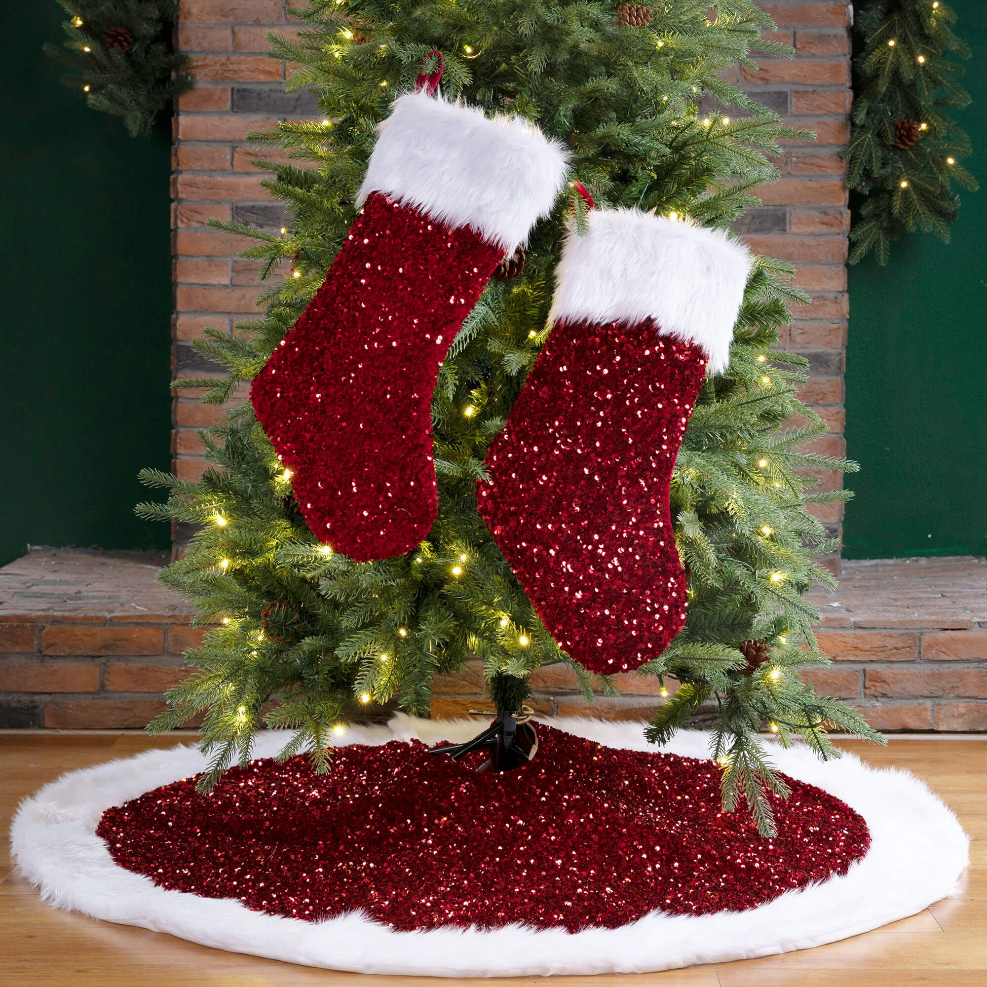 Glitzhome Red Sequin Christmas Tree Skirt, Set of 3 - Walmart.com