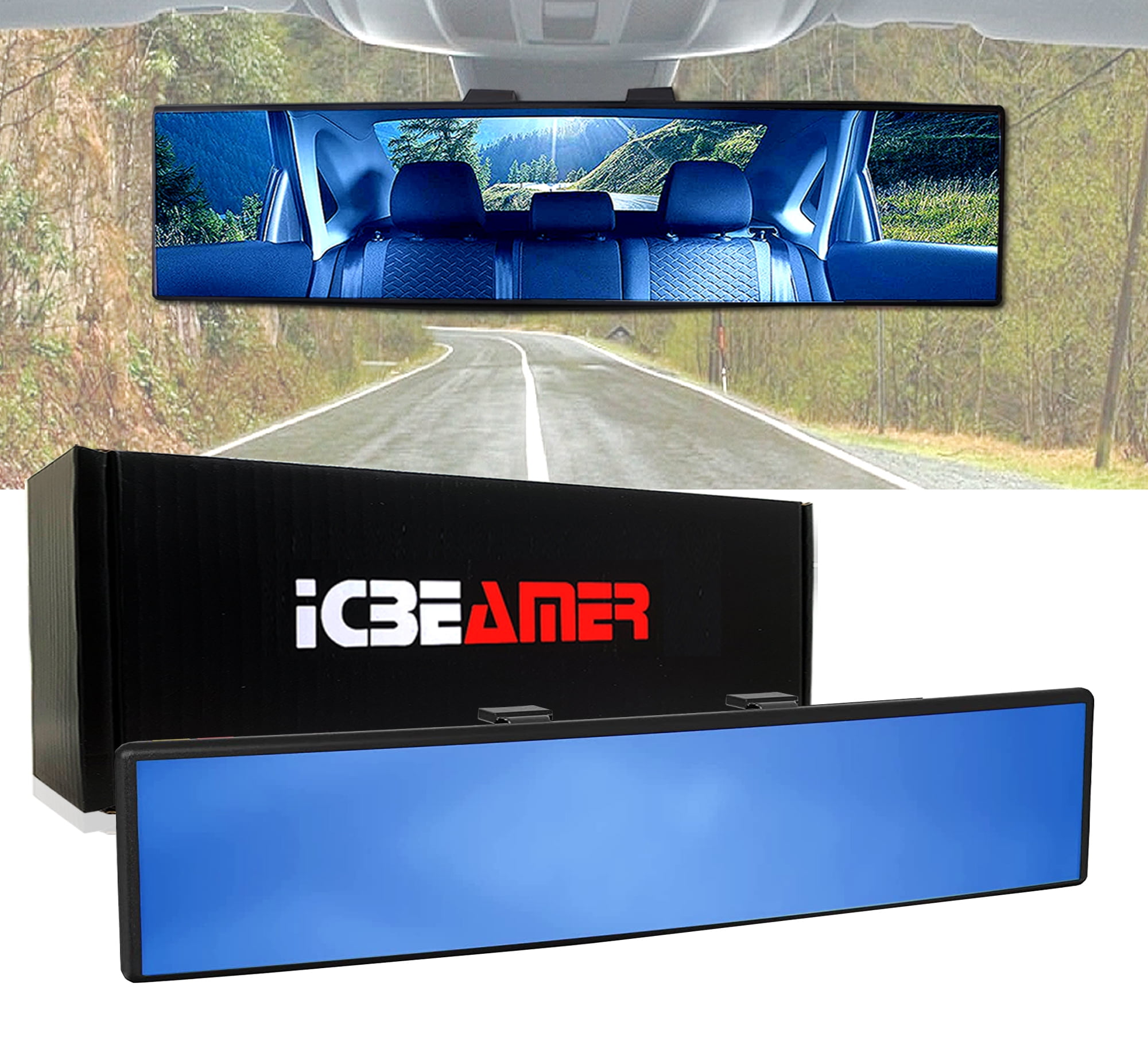ICBEAMER 11.8" Car Rear View Mirror, HD Blue Tint, Panoramic Wide Angle Flat Surface, 2 Interior ...