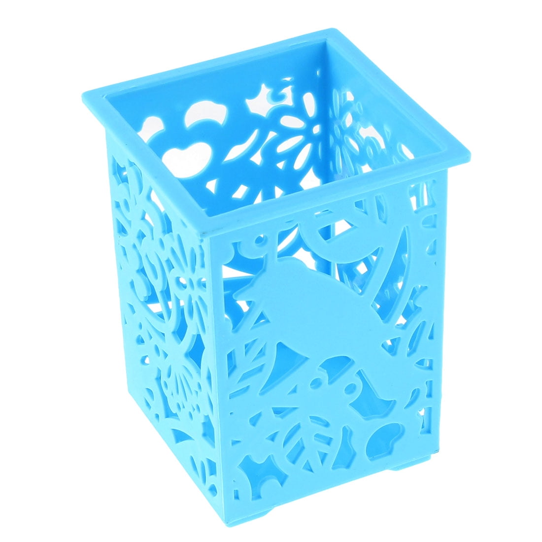 Desk Plastic Hollow Flowers Design Pencil Pen Holder Container Blue ...