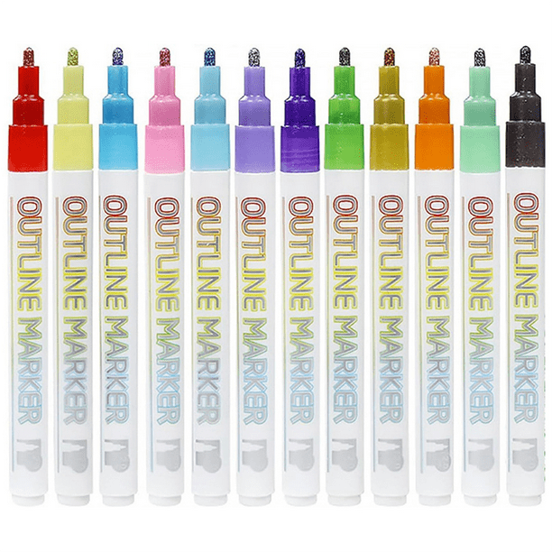 Winyuyby Metallic Outline Paint Markers, 12 Colors Shimmer Outline ...