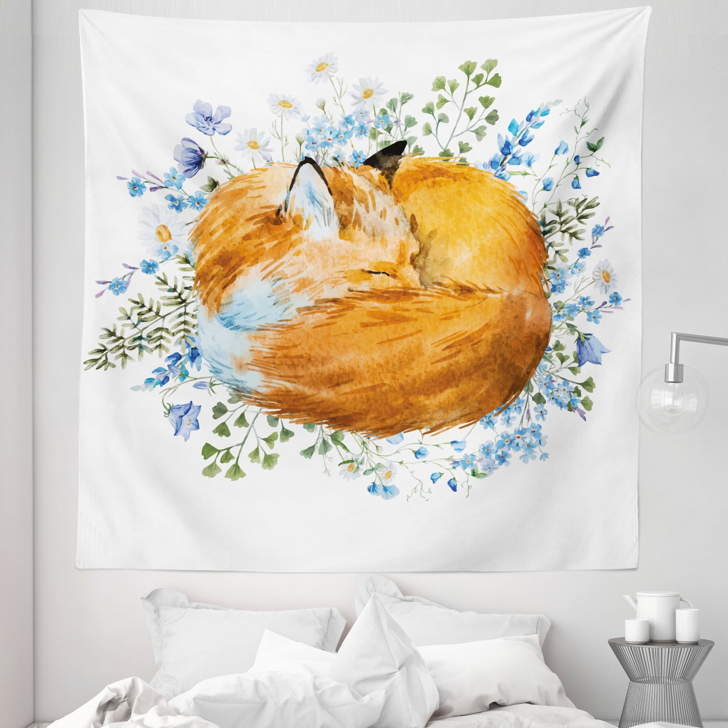 Fox Tapestry, Sleeping Fox in Watercolors Hand Drawn Fresh Wild Flowers ...