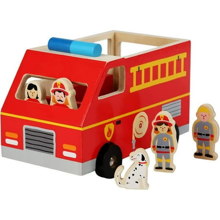Fire Engine Toy, Wooden Fire Truck Toy With Firefighter And Dog ...