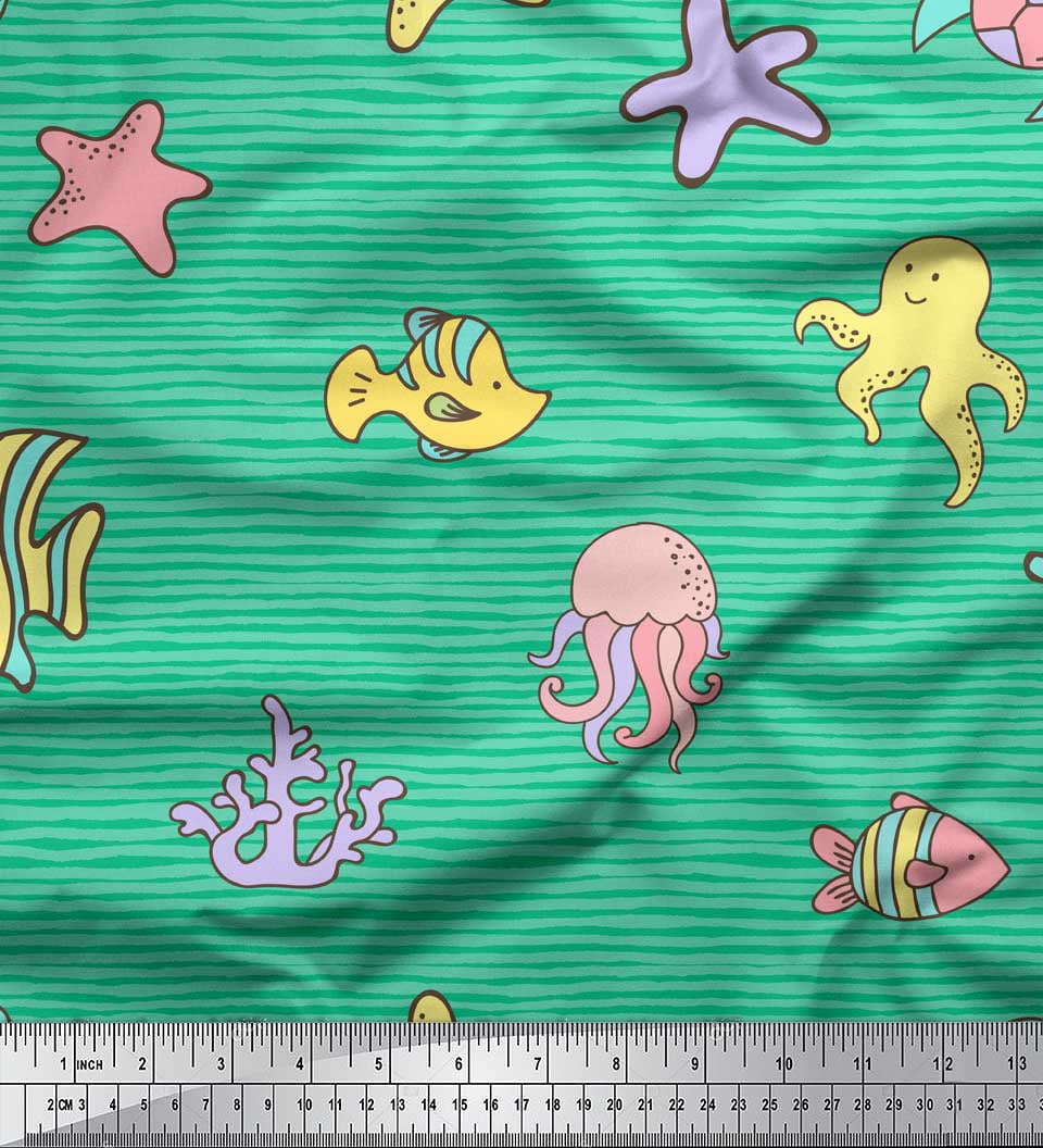 Soimoi Green Viscose Chiffon Fabric Clown Fish & Octopus Ocean Print ...