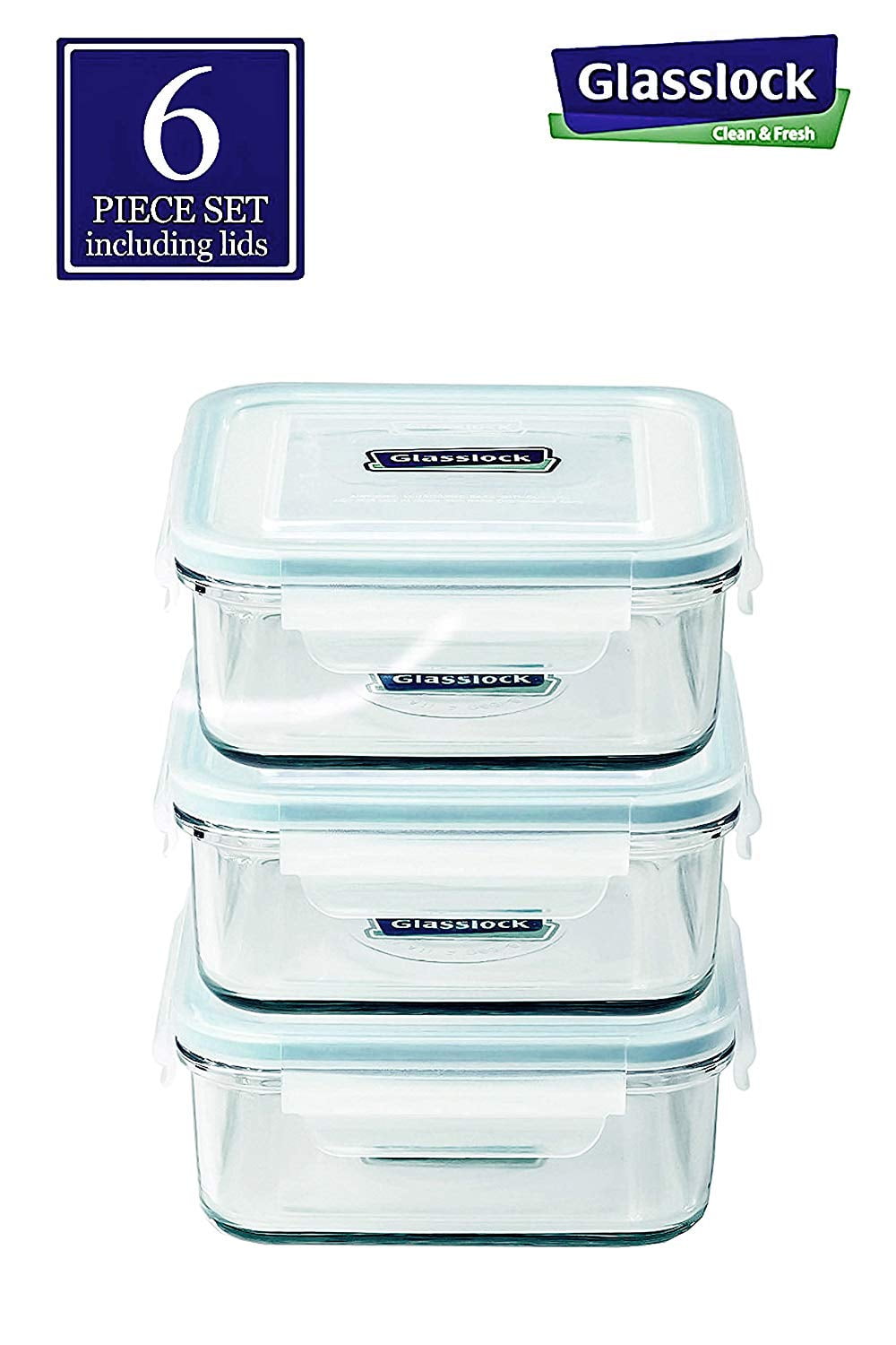 Glasslock Square Tempered Glass Food Container Set of 3 490ml/17oz ...