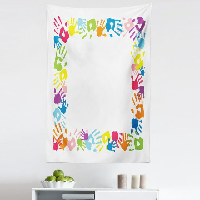 Party Tapestry, Happy Themed Frame with Handprints in Rainbow Colors ...