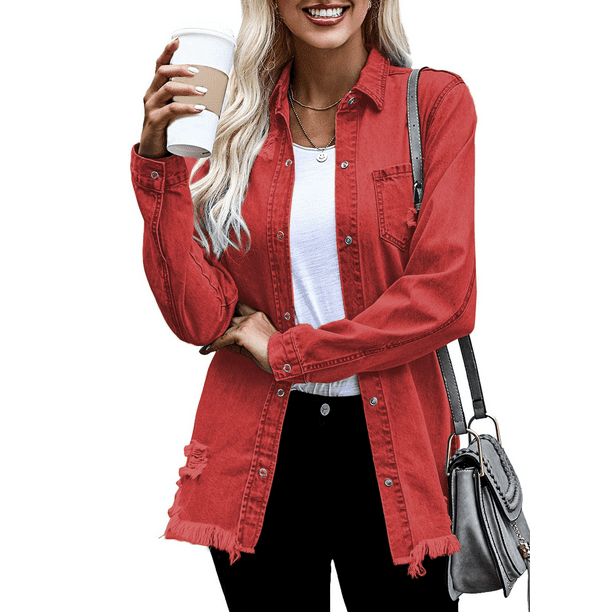 Chase Secret Women's Denim Jacket Casual Long Boyfriend Distresse Jean ...