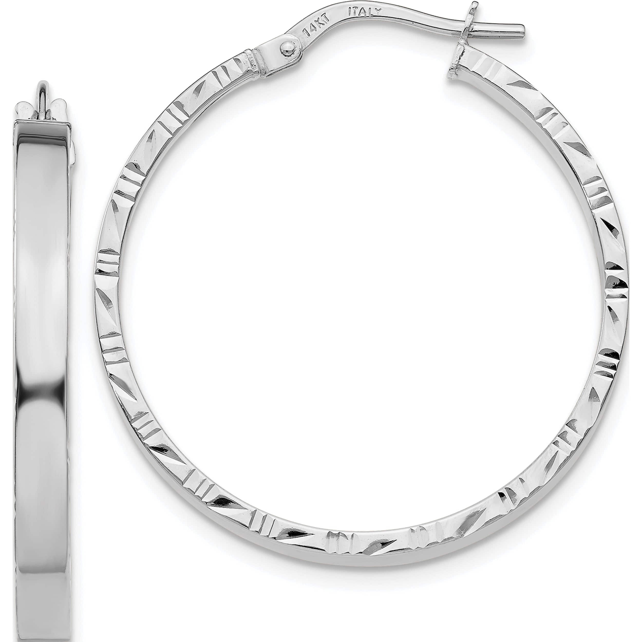 14K White Gold Diamond Cut Edge Large 3mm Polished Hoop Earrings (32.25 ...