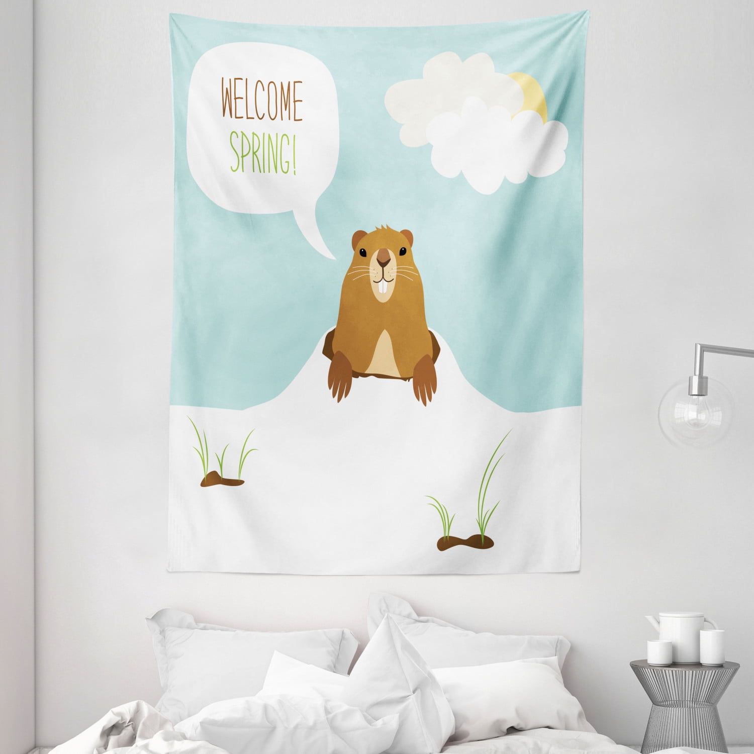 Groundhog Day Collection Tapestry, Welcome Spring in Speech Bubble ...