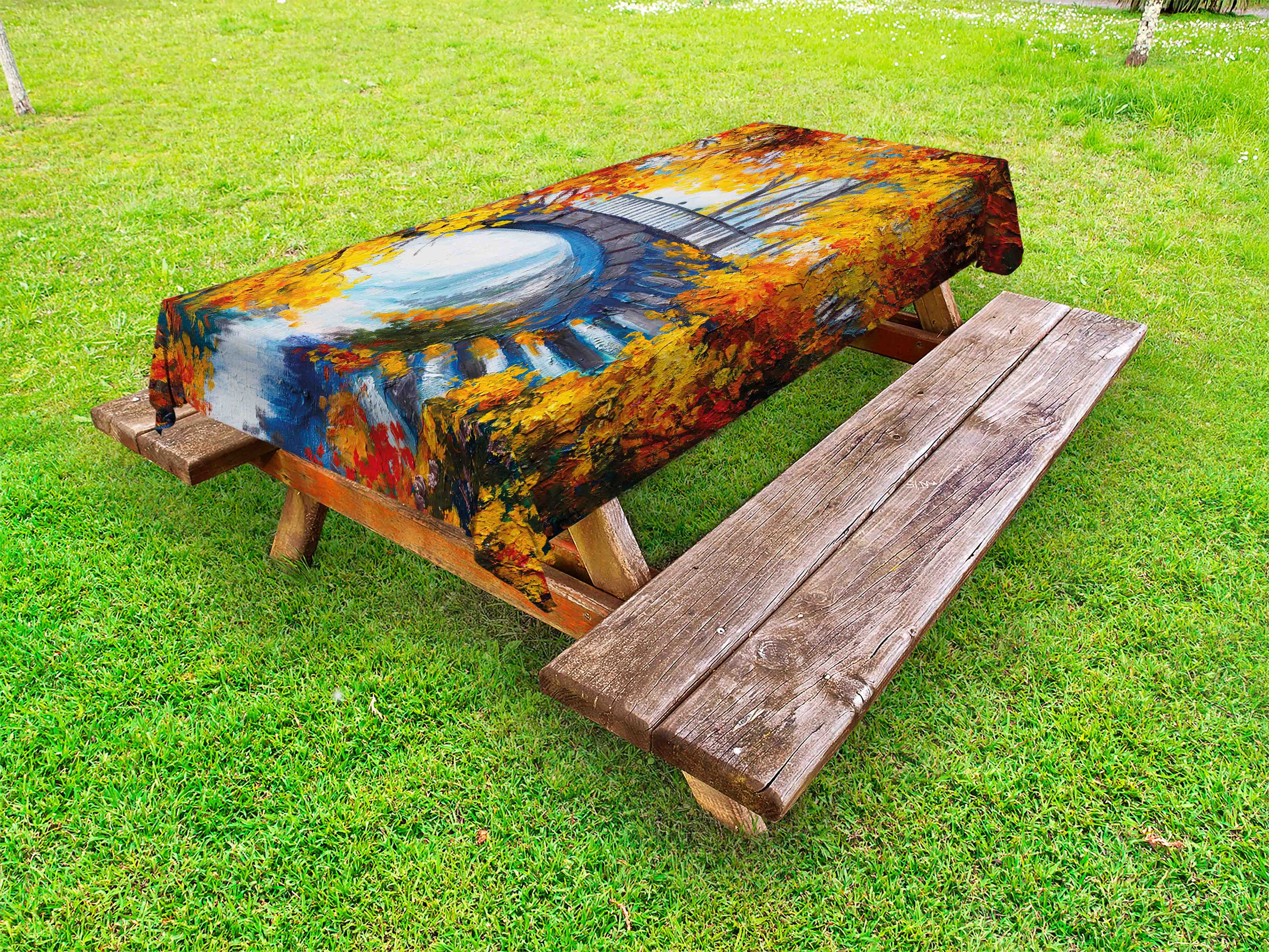 Art Outdoor Tablecloth, Autumn Forest with A Bridge over Road Dramatic ...