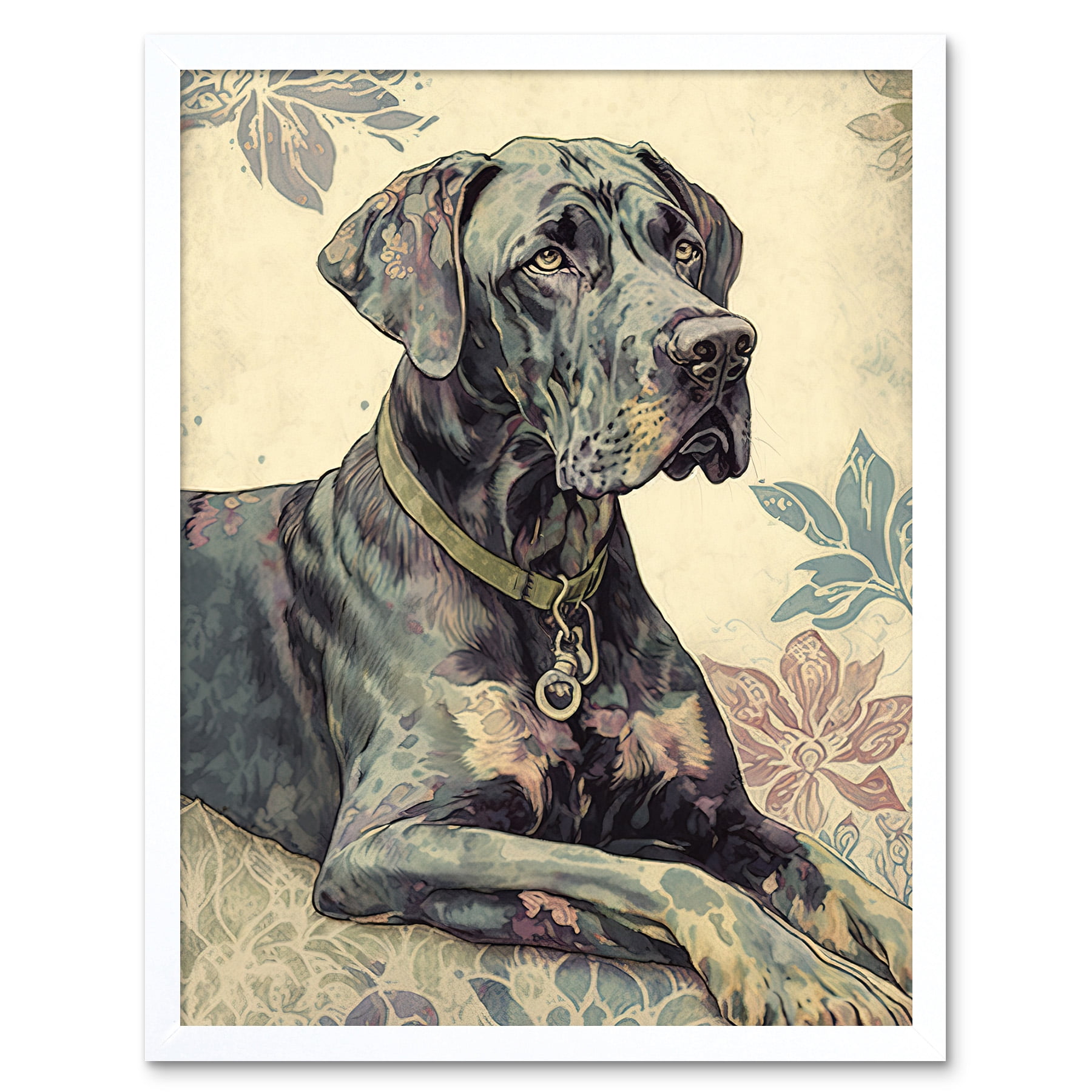 Great Dane Dog with Floral Pattern Modern Linocut Illustration Art ...