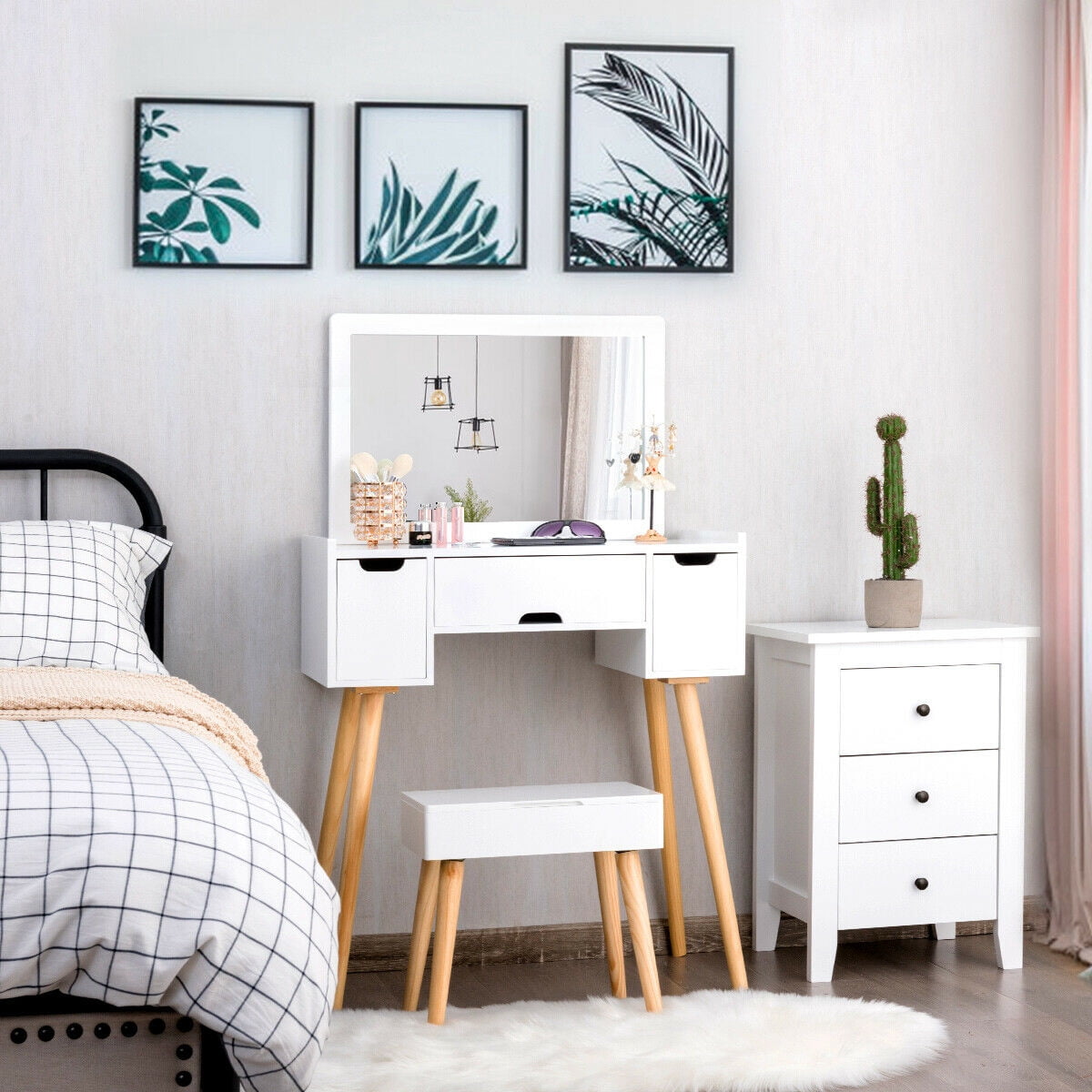 Costway Vanity Set W 3 Drawers Large Mirror Makeup Dressing Table