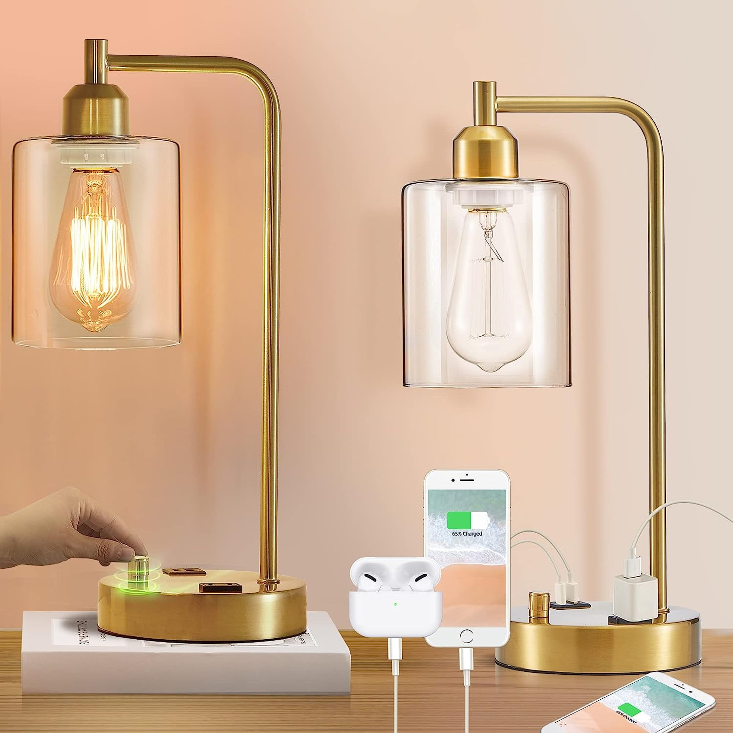 ZXNYH Set of 2 Wireless Charging Table Lamps with AC Outlet and 2 USB ...