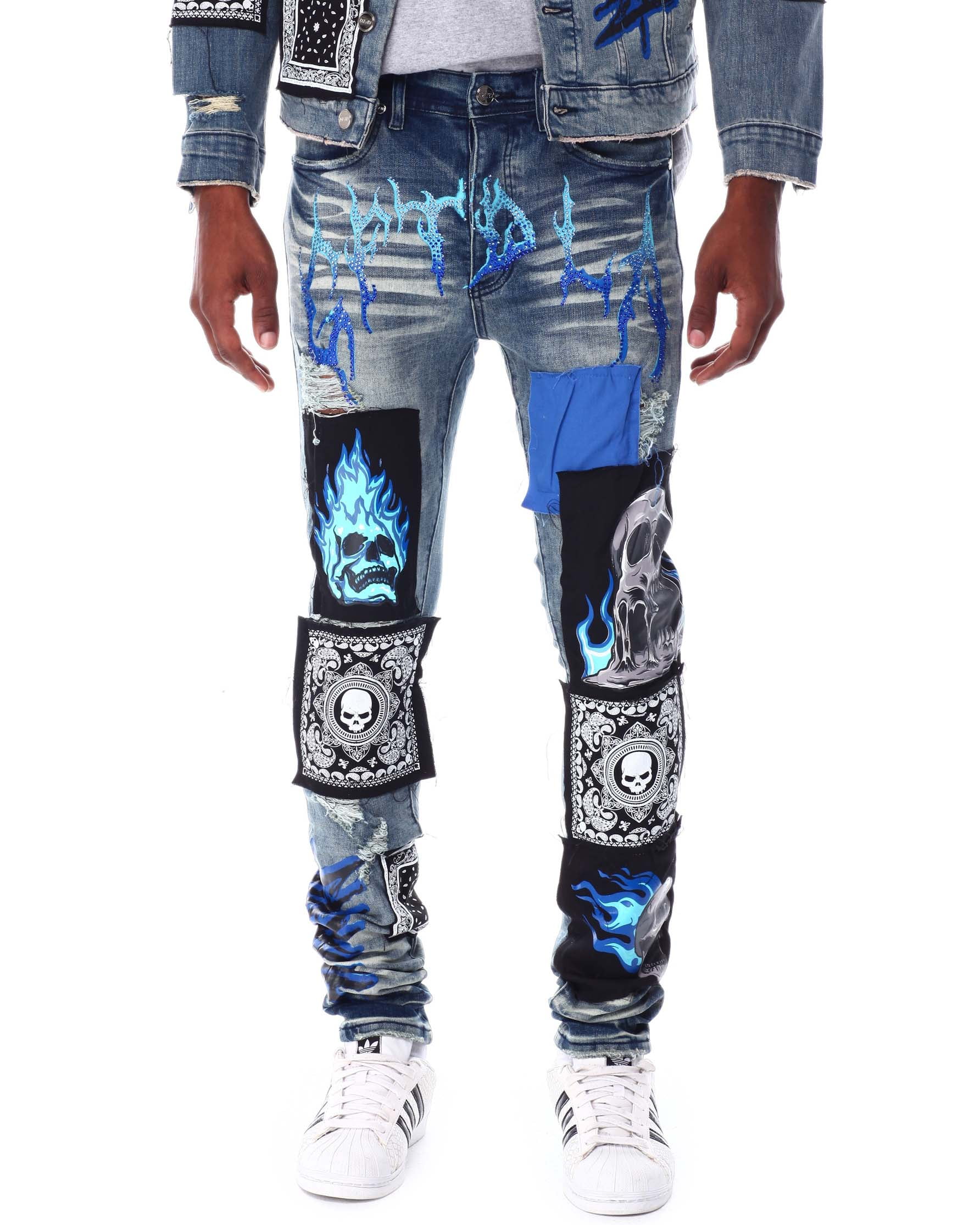 GFTD LA Los Angeles Men's Skinny Fit Panel Patch Fire Skull Distressed ...