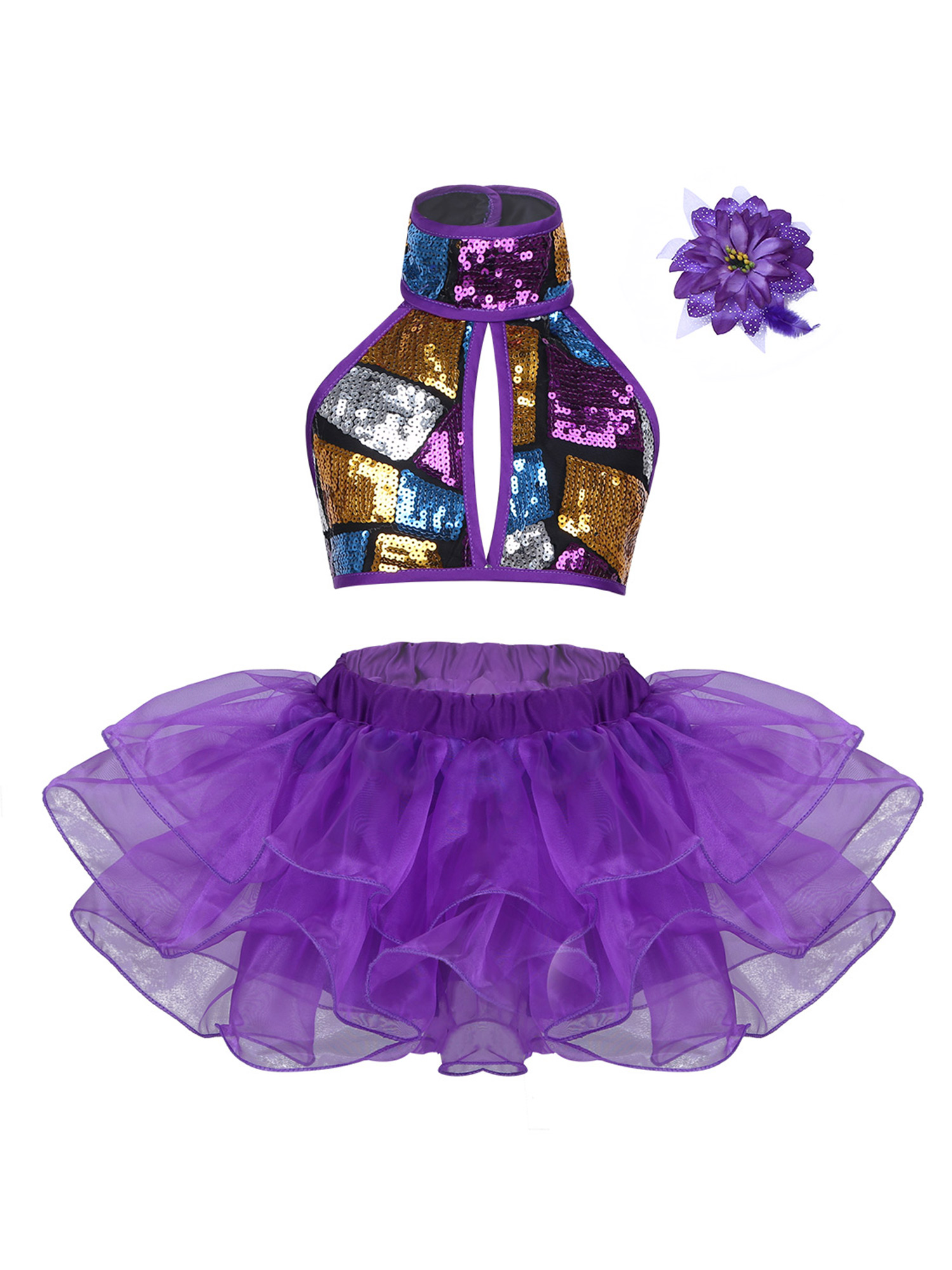 iEFiEL Kid Girls Dance Costume Sequins Crop Top with Tutu Dress Flower ...