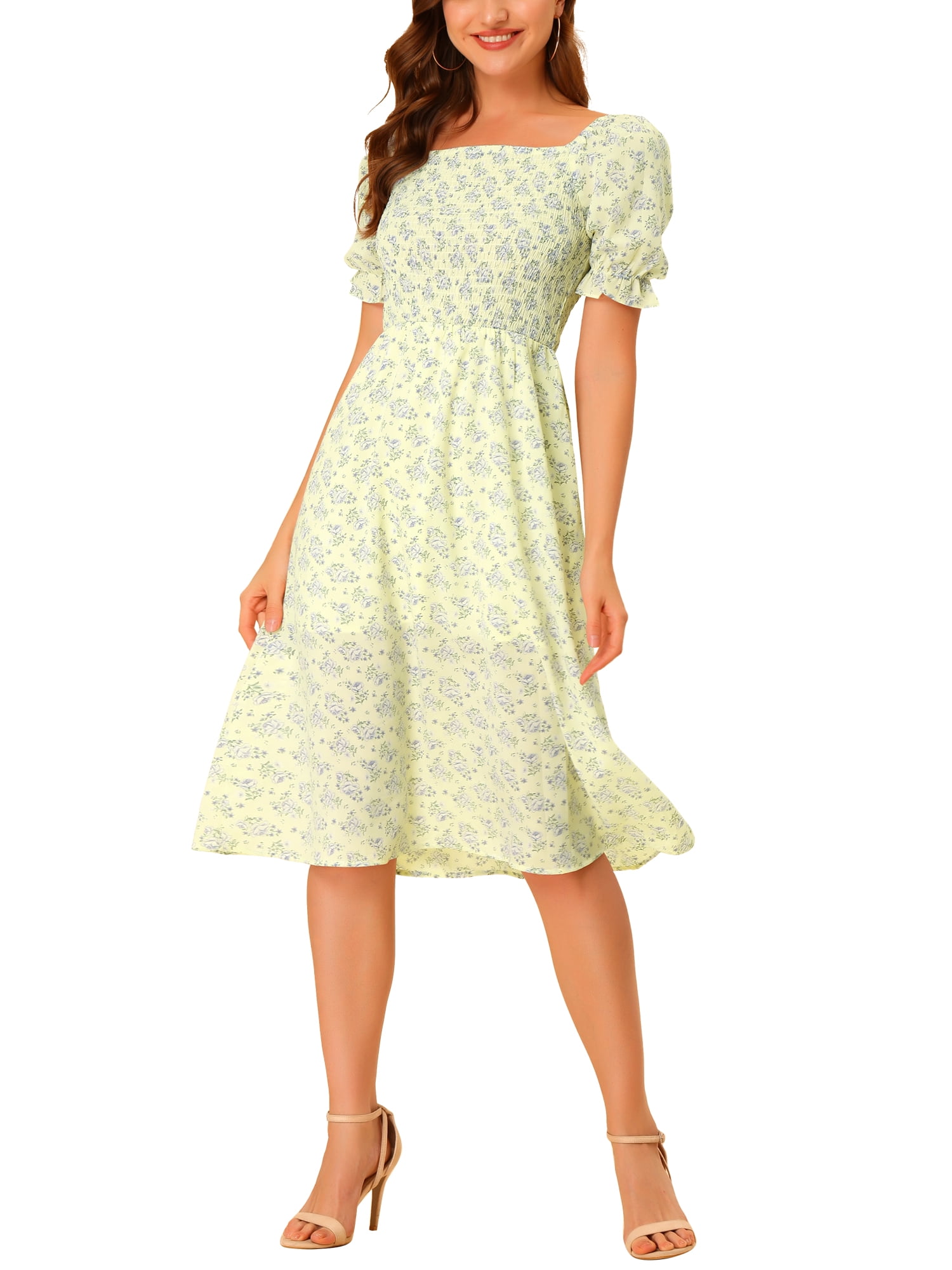 Unique Bargains Womens Square Neck Puff Sleeves Smocked Waist Midi