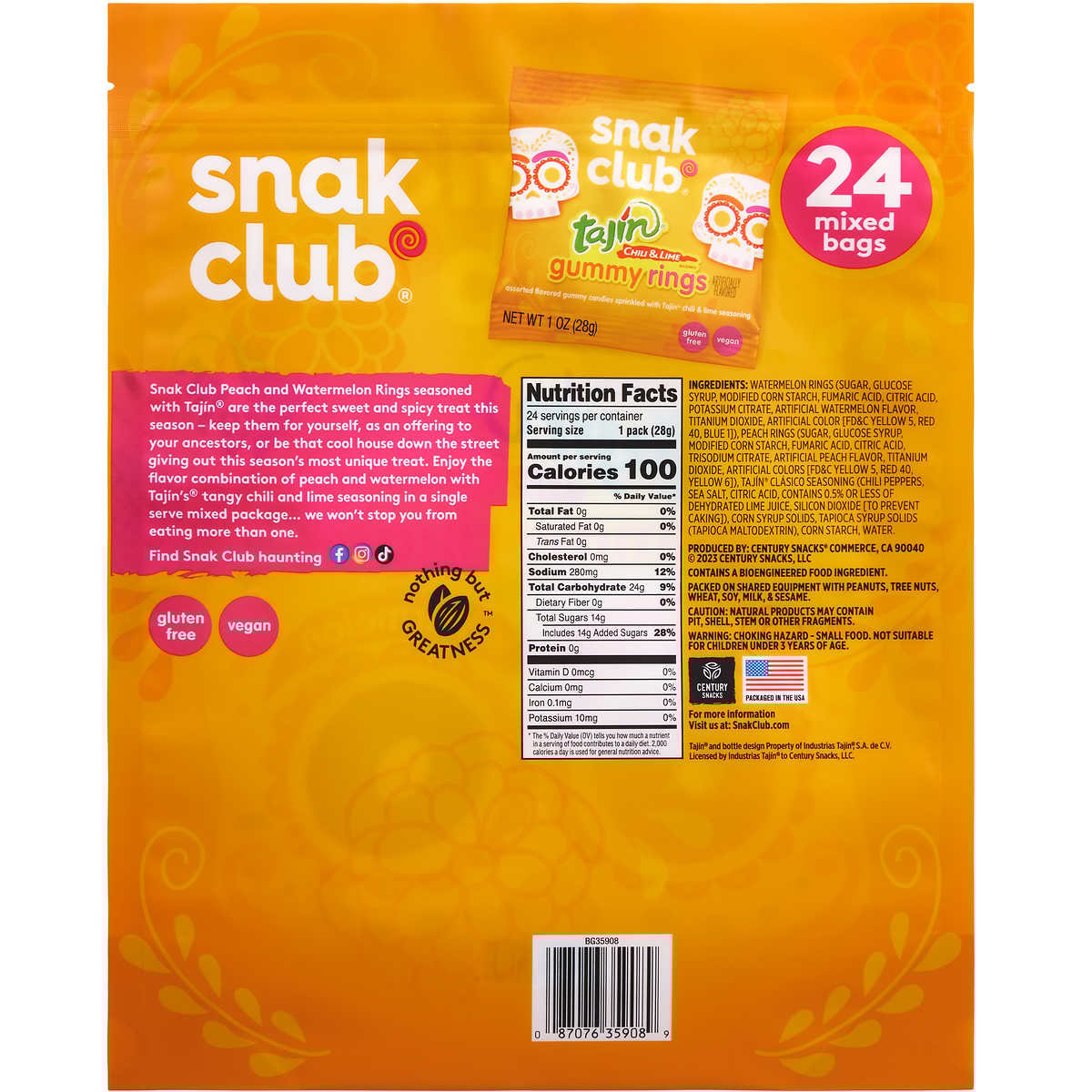 Snak Club Gummy Rings, 1 Oz, Peach & Watermelon, Tajin Chile & Lime ...