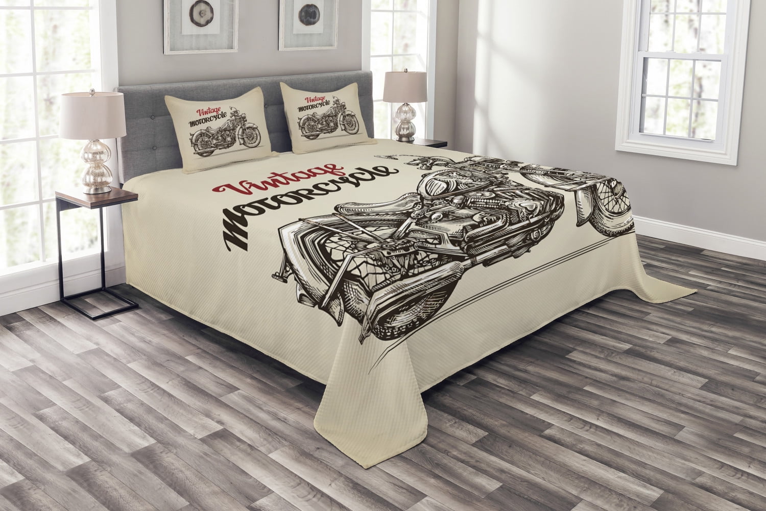 Motorcycle Bedspread, Hand Drawn Chopper Style Bike with Sketch Details ...