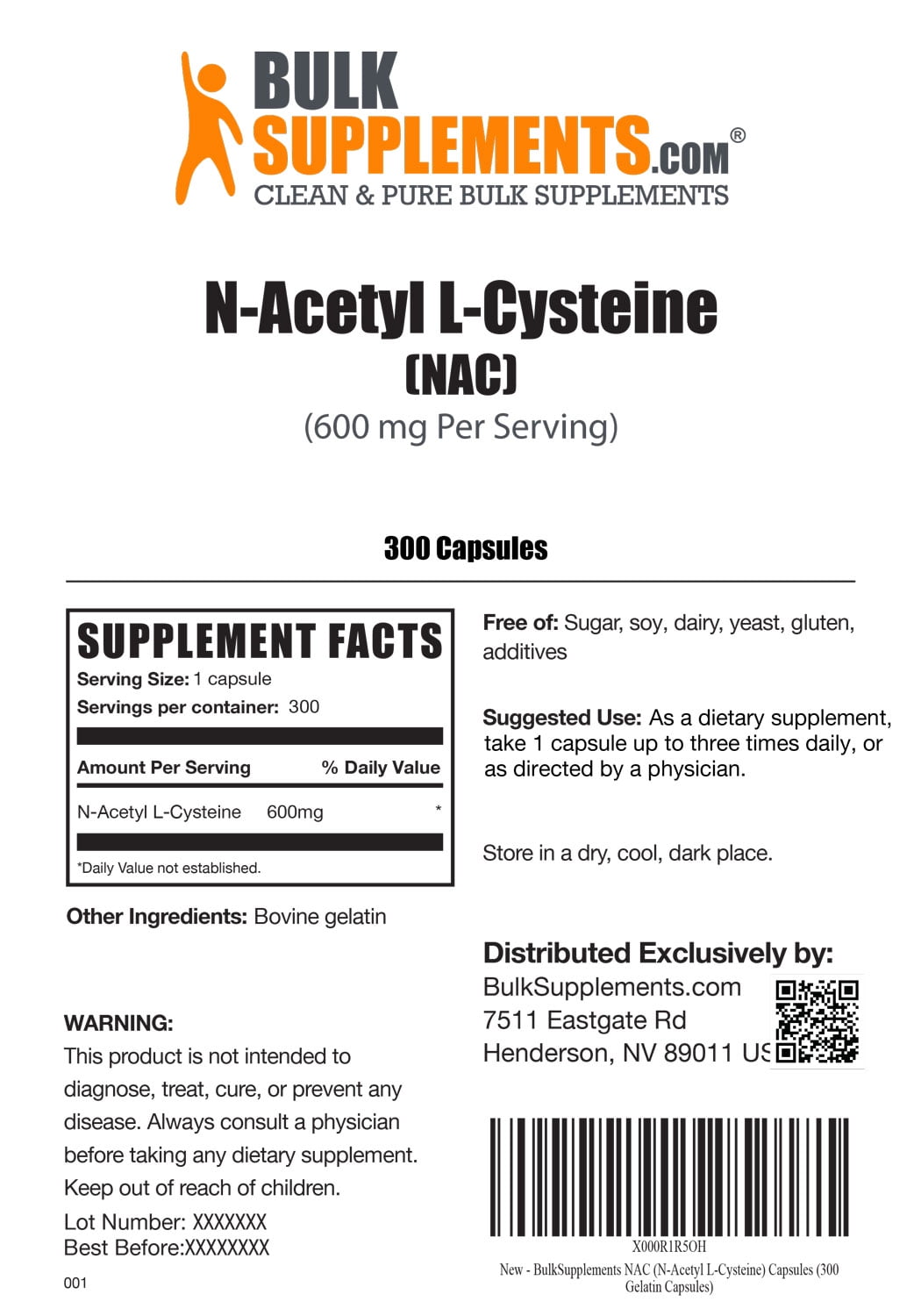 BulkSupplements.com NAC (N-Acetyl L-Cysteine) Capsules, 600 mg – Lungs Support (300 Gelatin ...