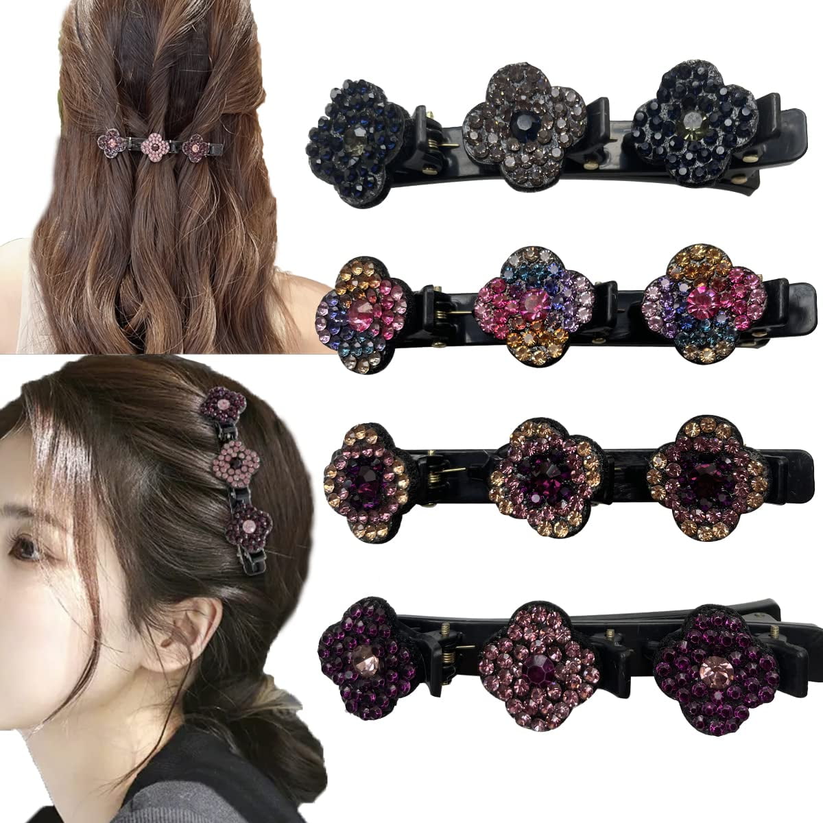 Sparkling Crystal Stone Braided Hair Clips, Four-Leaf Clover Chopped ...