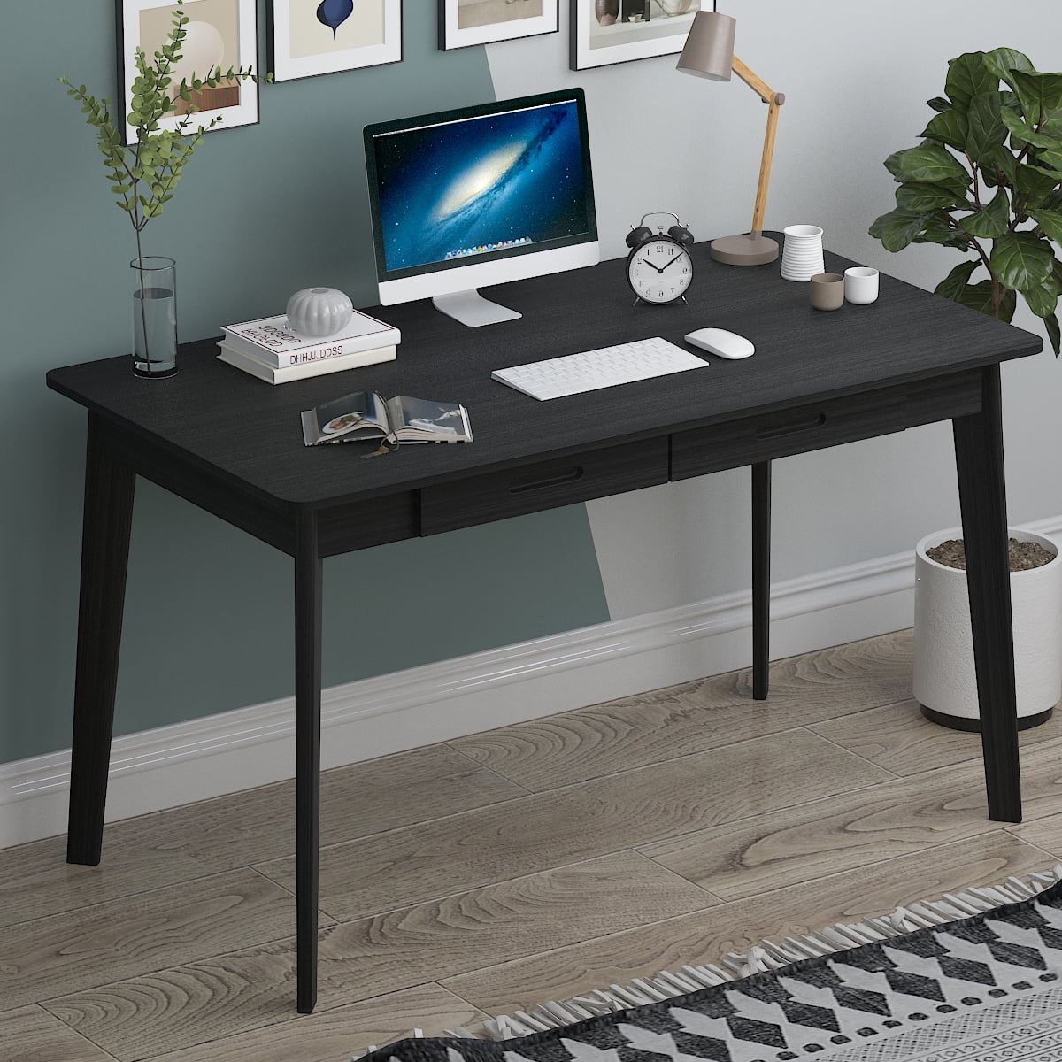 Ofey 47.2 Black Writing Desk with Drawers Study Workstation Wood ...
