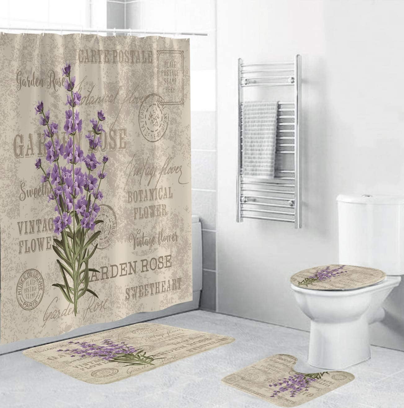 KXMDXA Lavender Beautiful Flowers 4 Piece Bathroom Set Shower Curtain ...