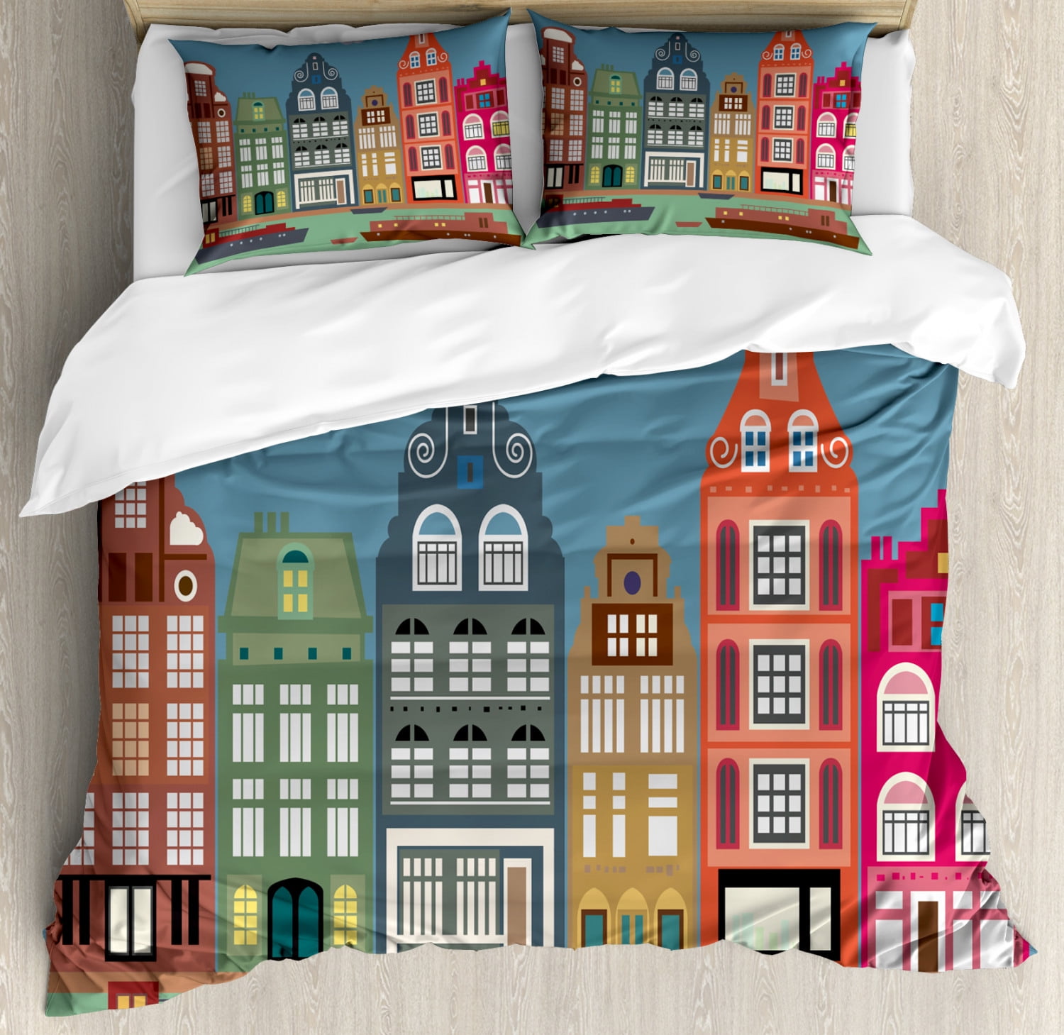 Amsterdam Duvet Cover Set Queen Size, Urban Cityscape Colorful European ...