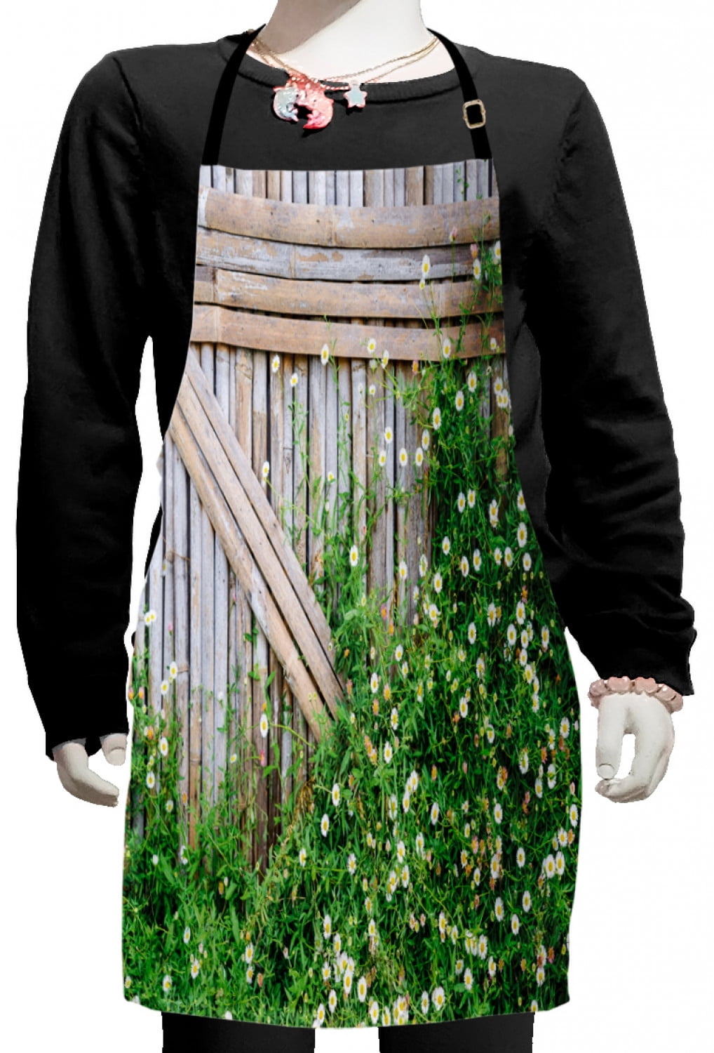 Farmland Kids Apron, Bamboo Fence Covered by Ivy Daisy Flower Blooms ...