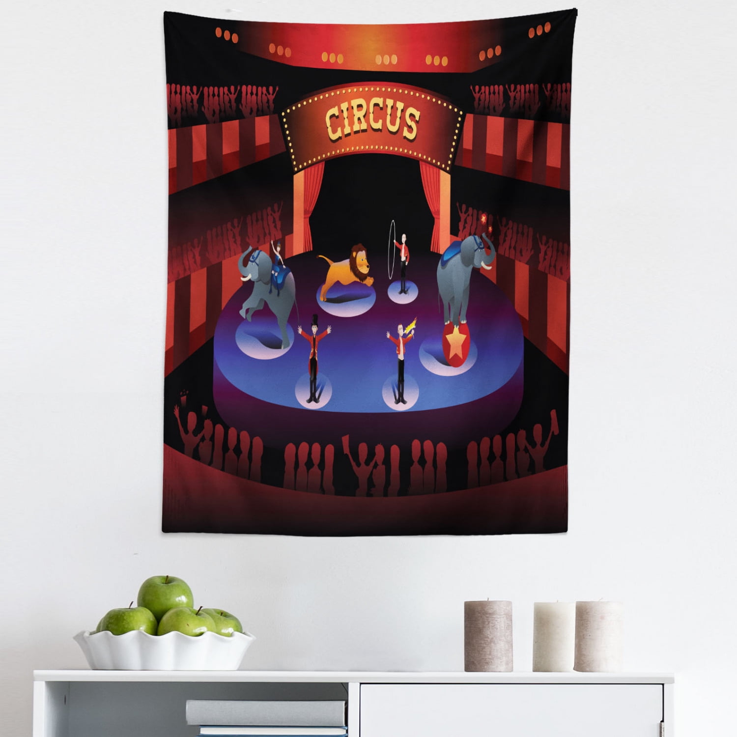 Circus Tapestry, Graphic Image of a Performance on Stage with Lettering ...