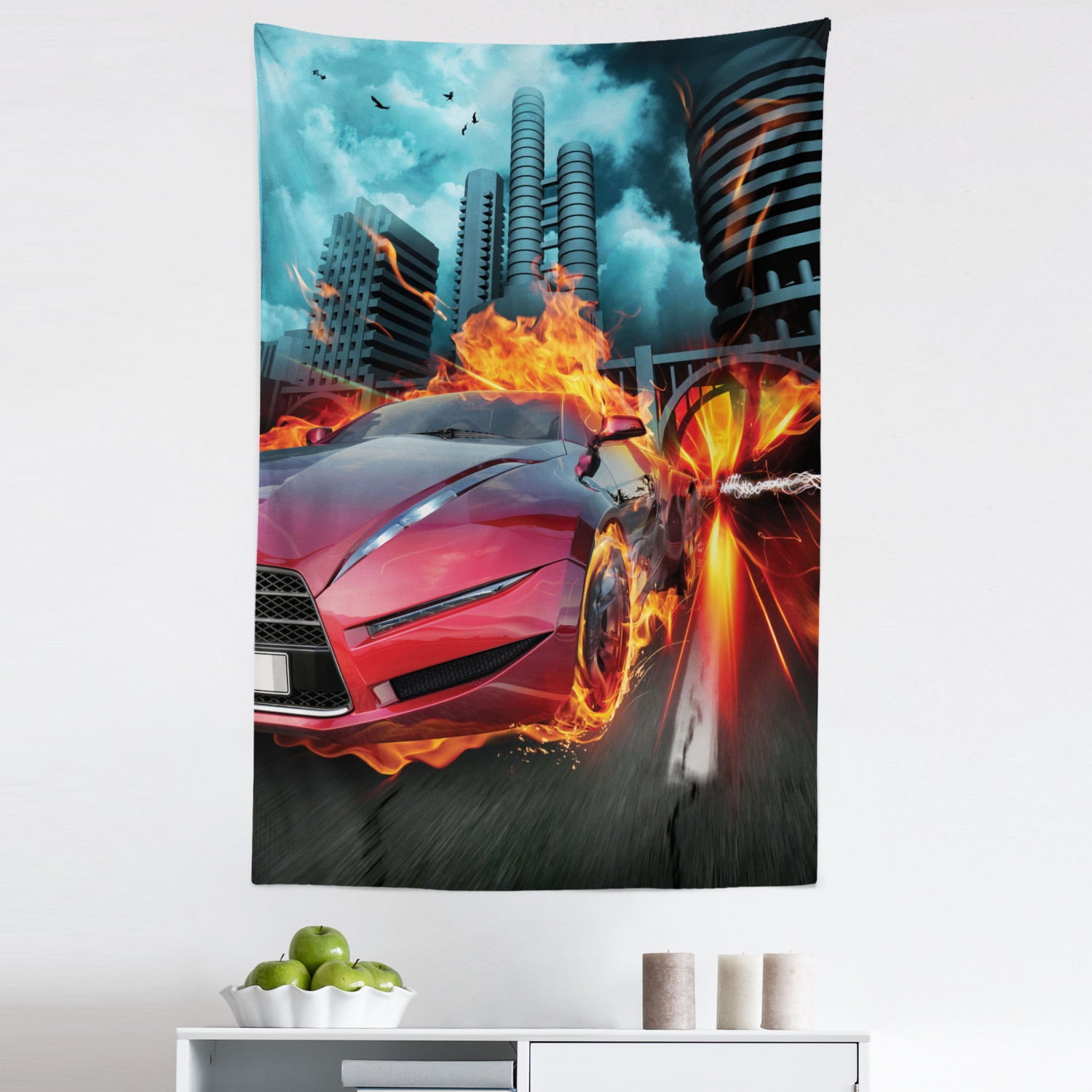 Cars Tapestry, Hot Red Concept Car in Blazing Tires Building and Birds ...