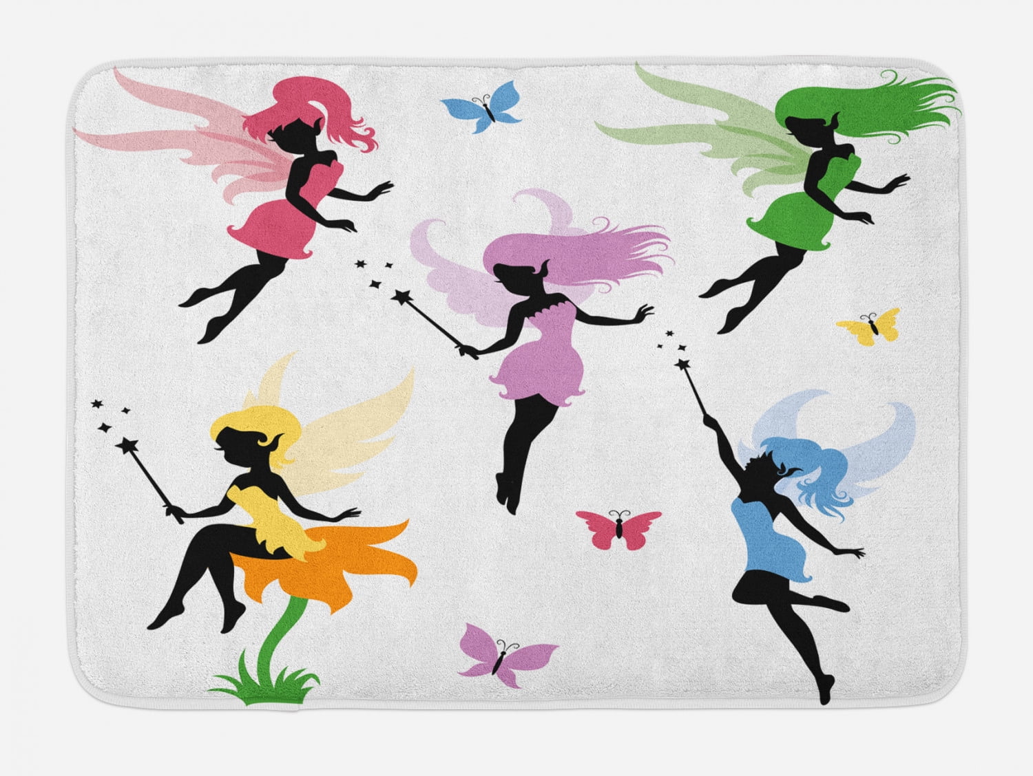 Fantasy Bath Mat, Cute Pixie Spirit Elf Fairies Flying with Butterflies ...