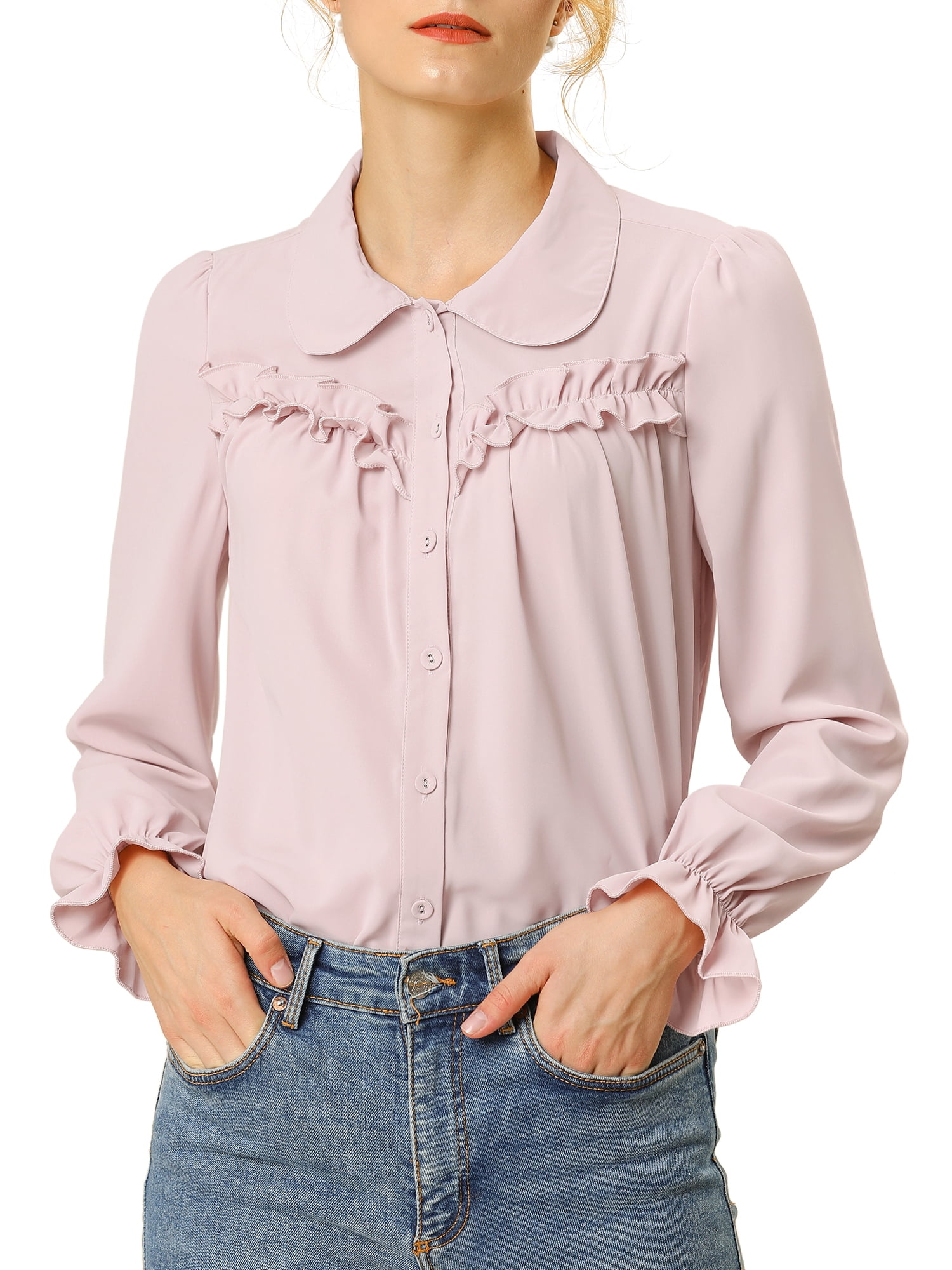 Allegra K - Allegra K Women's Button Down Long Sleeve Cuff Ruffle ...