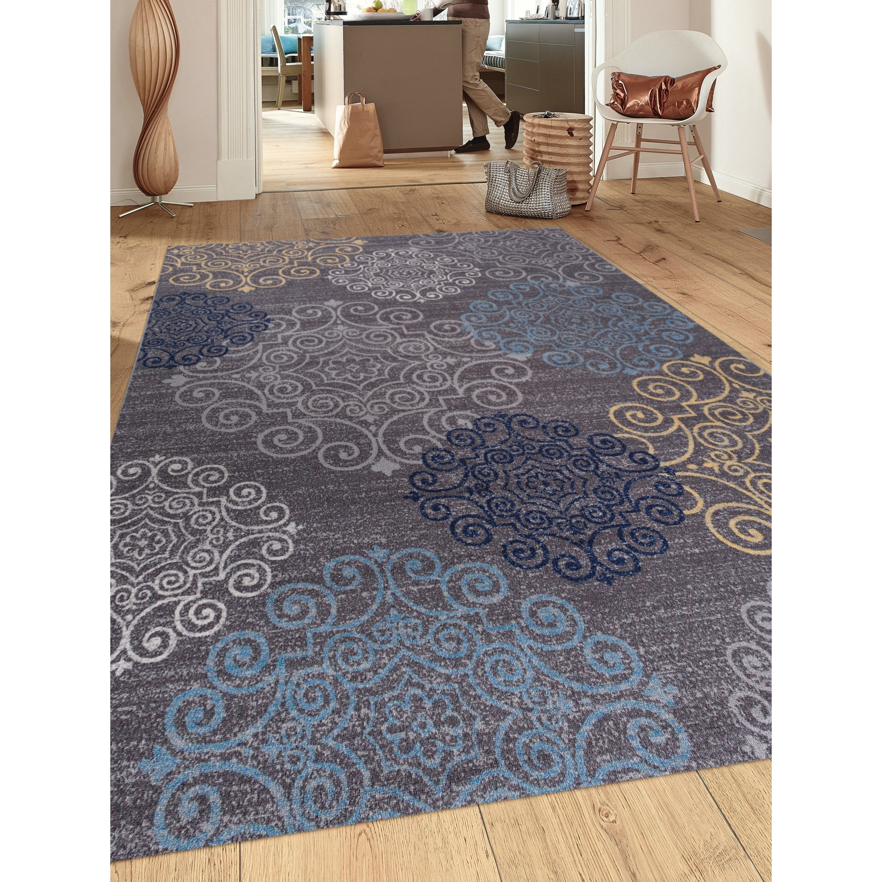 Modern Grey Floral Swirl Design Non-slip (Non-skid) Area Rug or Runner ...