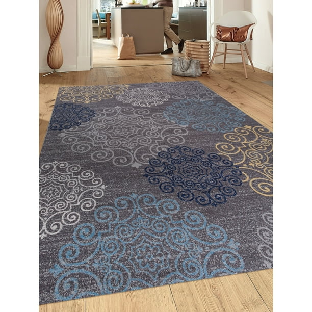 Modern Grey Floral Swirl Design Non-slip (Non-skid) Area Rug or Runner ...