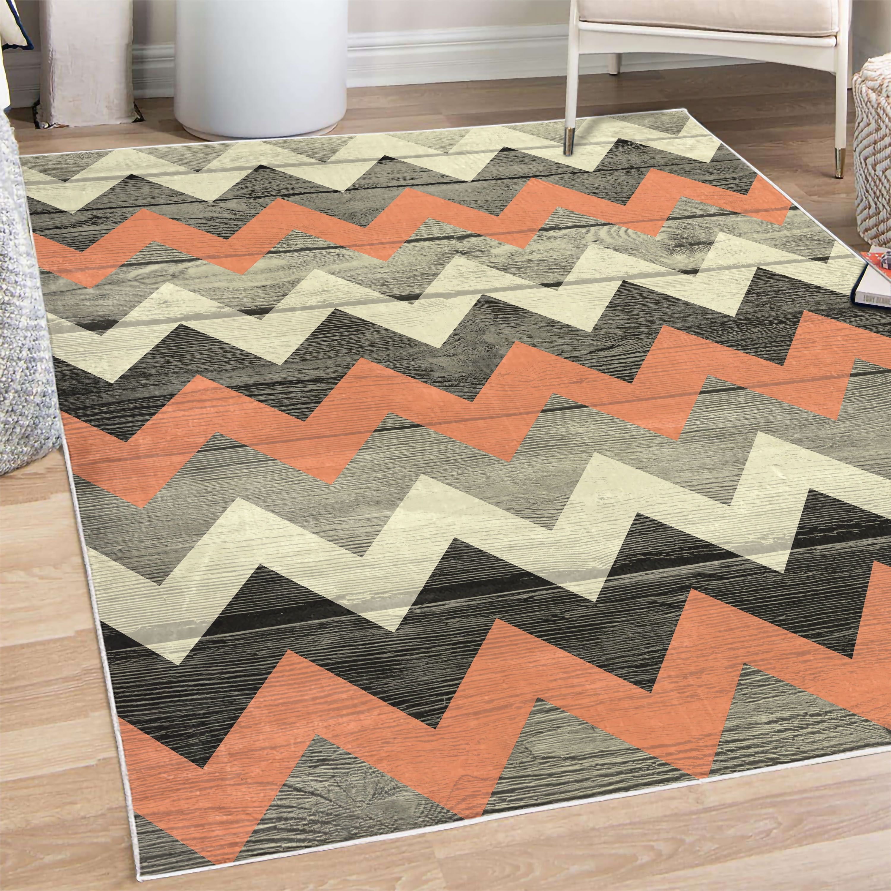 Chevron Decorative Rug, Zig Zag Lines Pattern on Wooden Looking ...