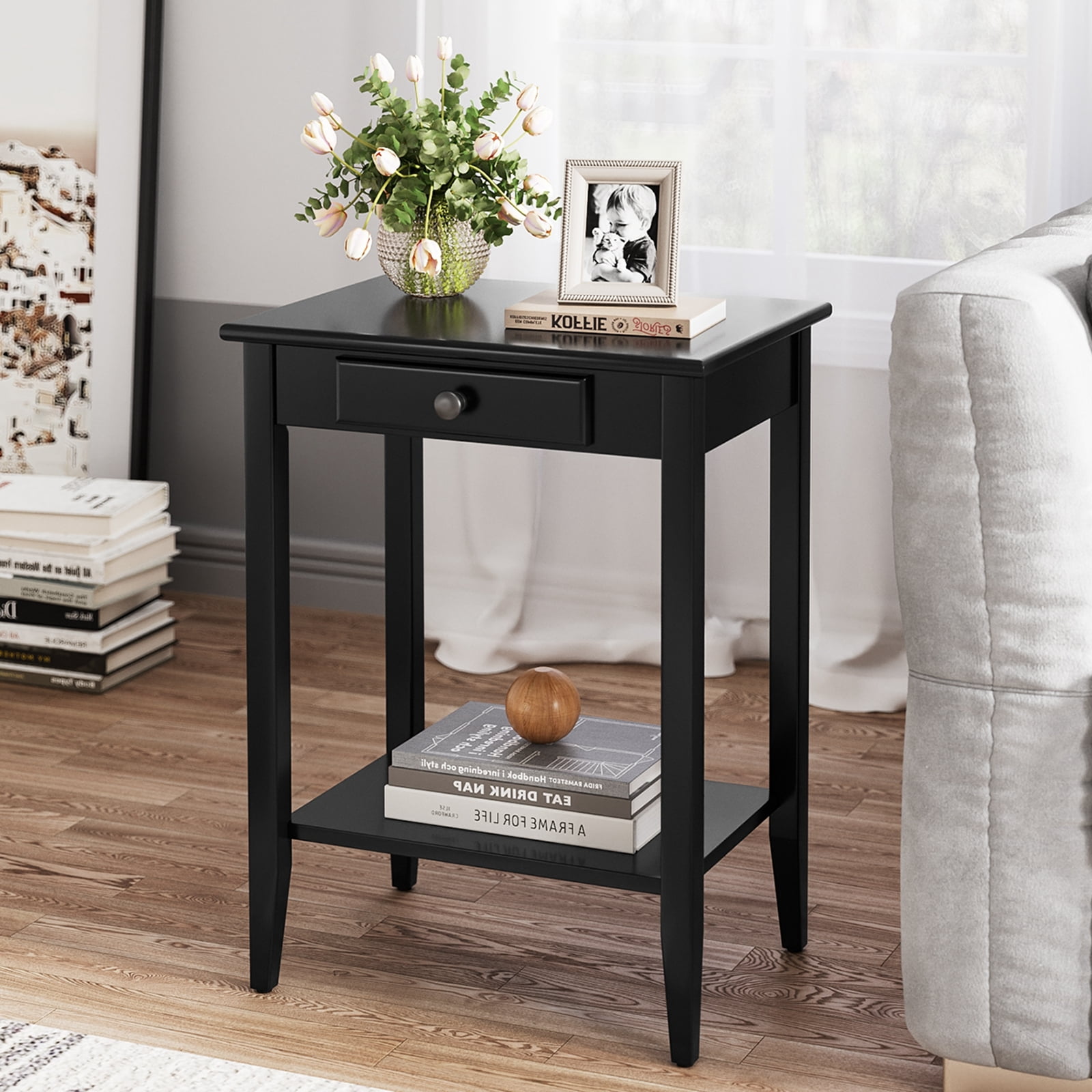 Coromose Rectangle Side Table with Drawer, 2-Tier Storage Wood Accent ...