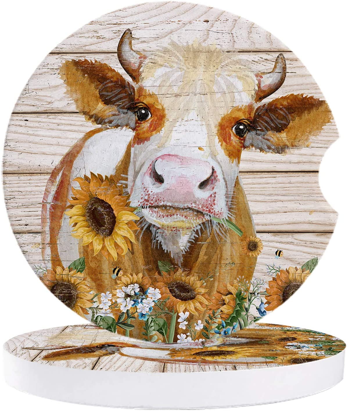 ZHANZZK Vintage Farm Cow and Sunflower Wood Grain Set of 6 Car Coaster ...